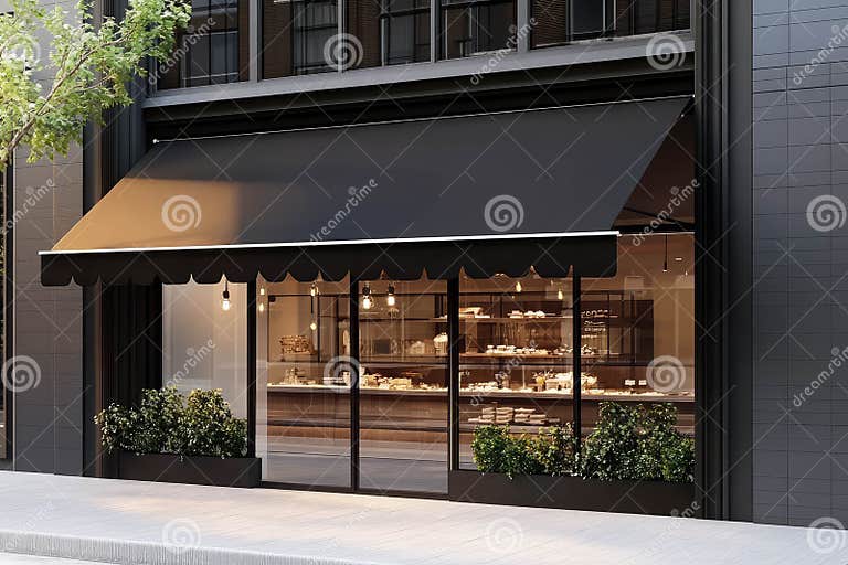 Modern Bakery Storefront with Black Awning and Glass Display Stock ...