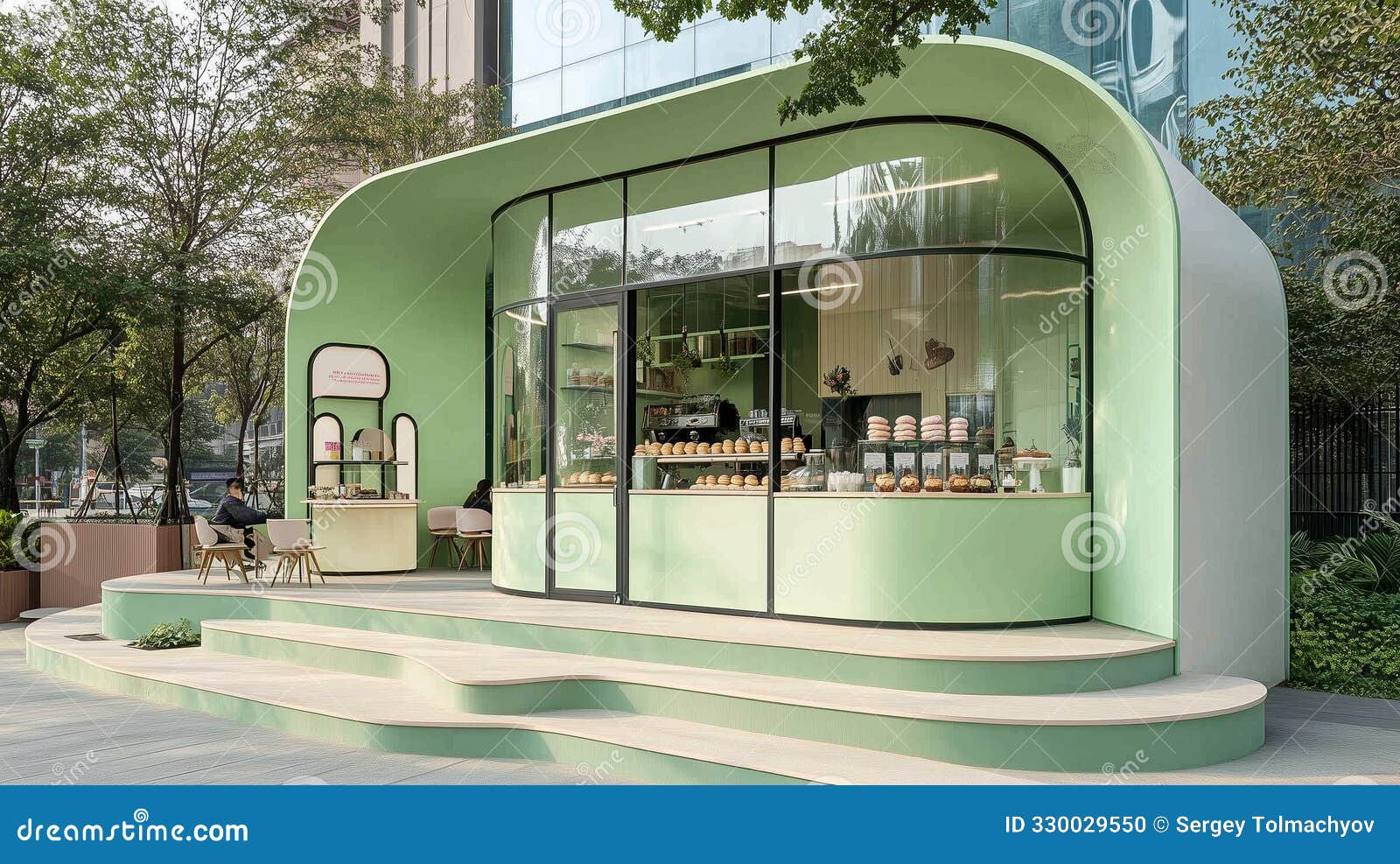 Modern Bakery Storefront with Large Windows and Green Architecture in ...