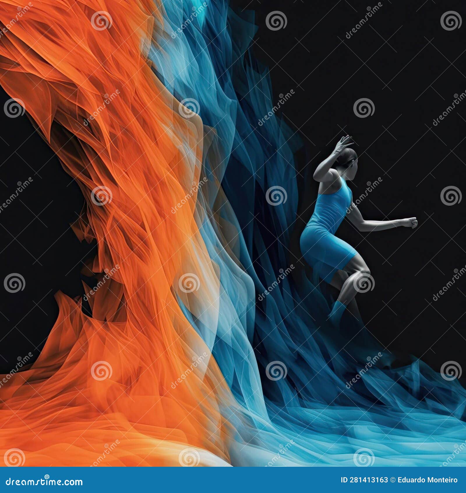 Modern Ballet Dancer in Blue and Orange Dress on Black Background Stock ...