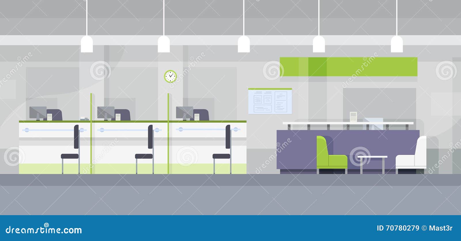 Modern Bank Office Interior Workplace Desk Flat Design Stock Vector ...