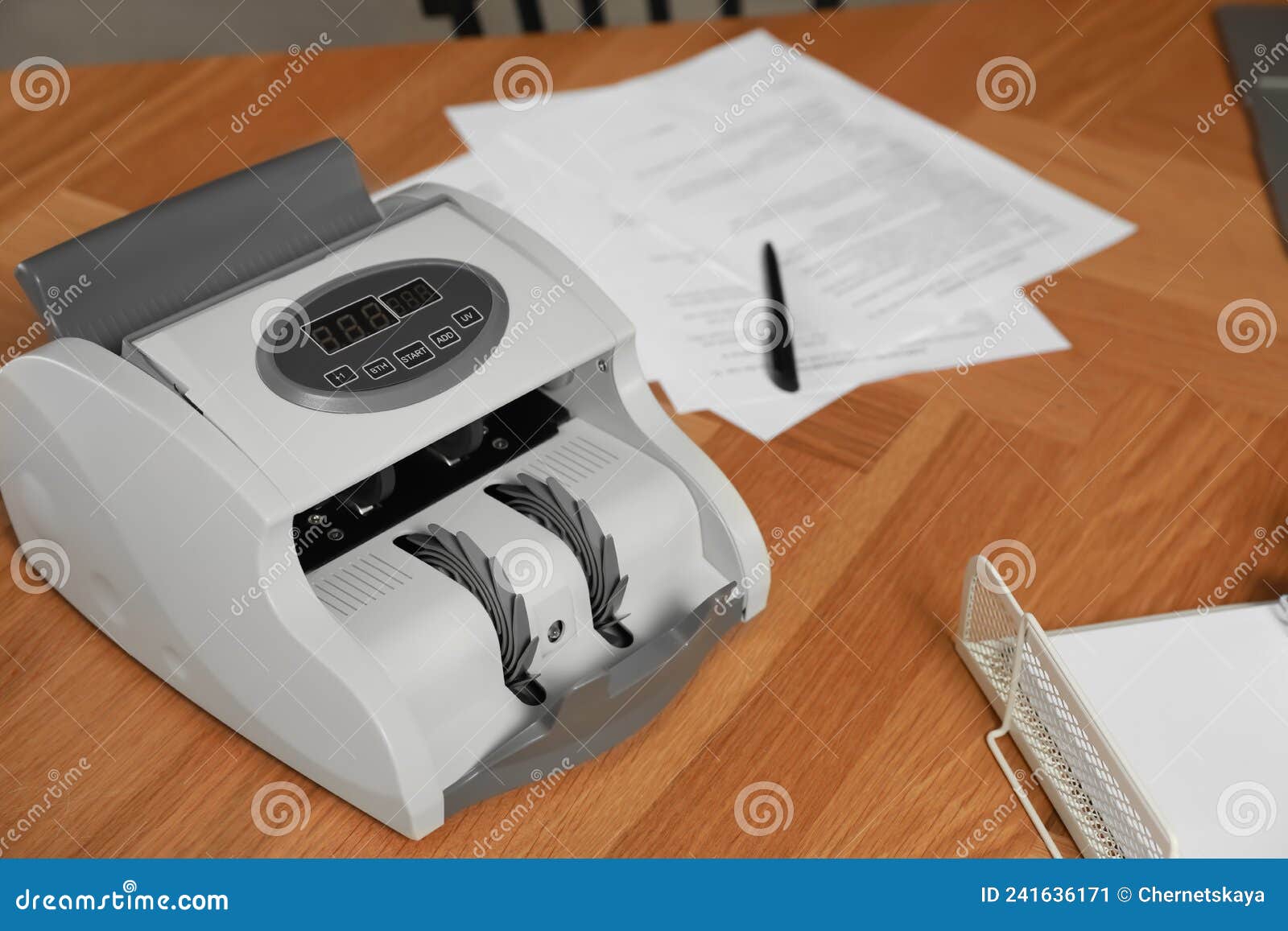 Modern Banknote Counter on Wooden Table, Above View Stock Image - Image ...