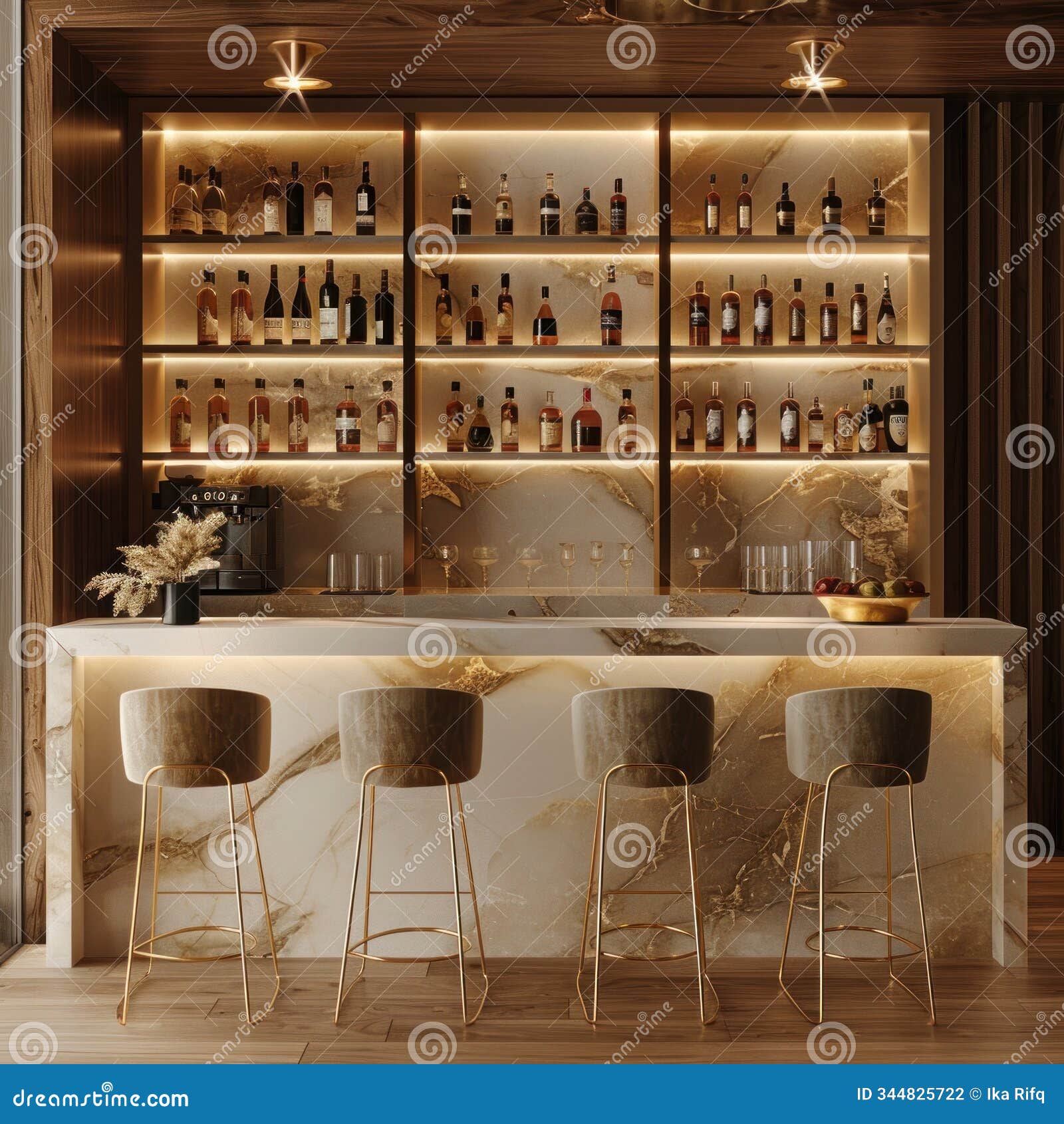Modern Bar Interior Design with Marble Countertop and Gold Bar Stools ...