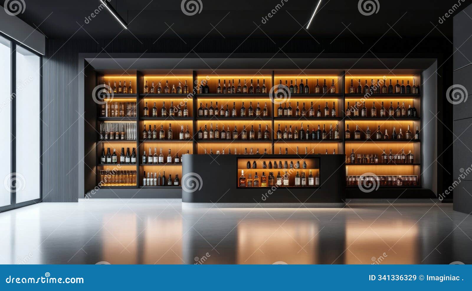 Modern Bar Interior with Extensive Liquor Collection on Shelves Stock ...