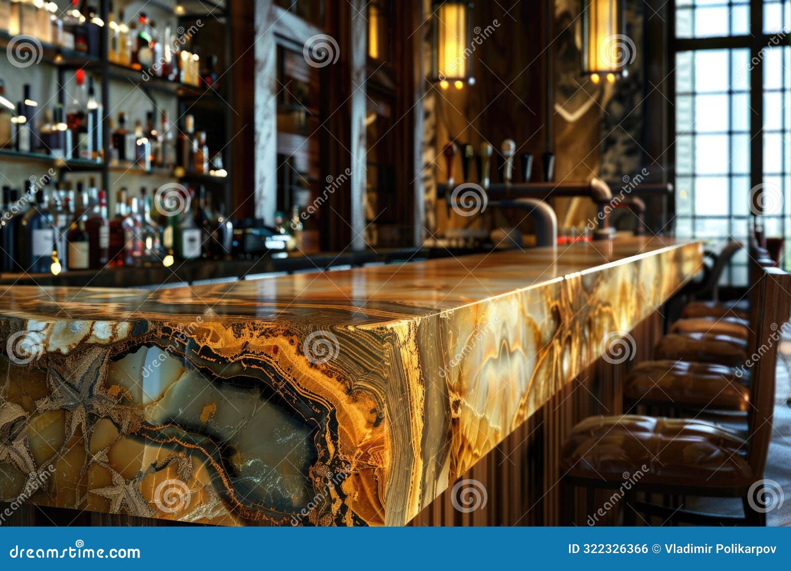 A Modern Bar Interior Featuring a Marble Countertop and Leather Stools ...