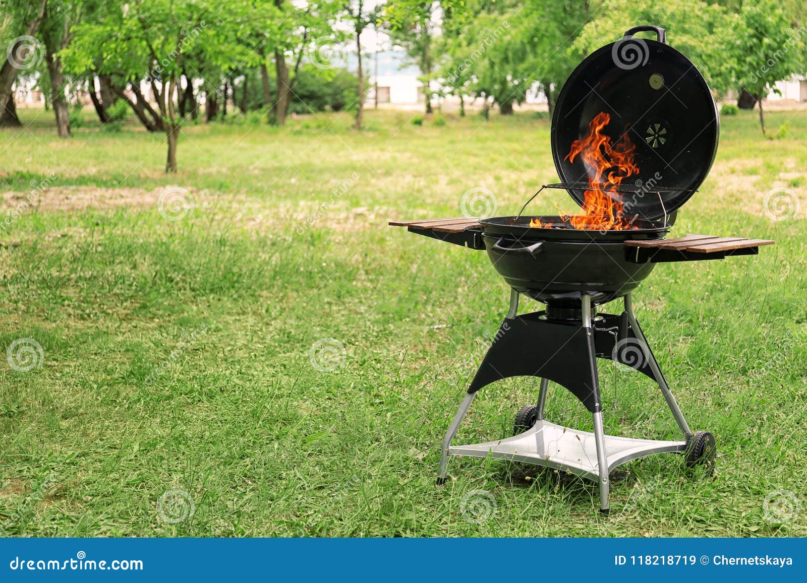 Barbecue Grill with Fire Flames Outdoors Stock Image - Image of ...