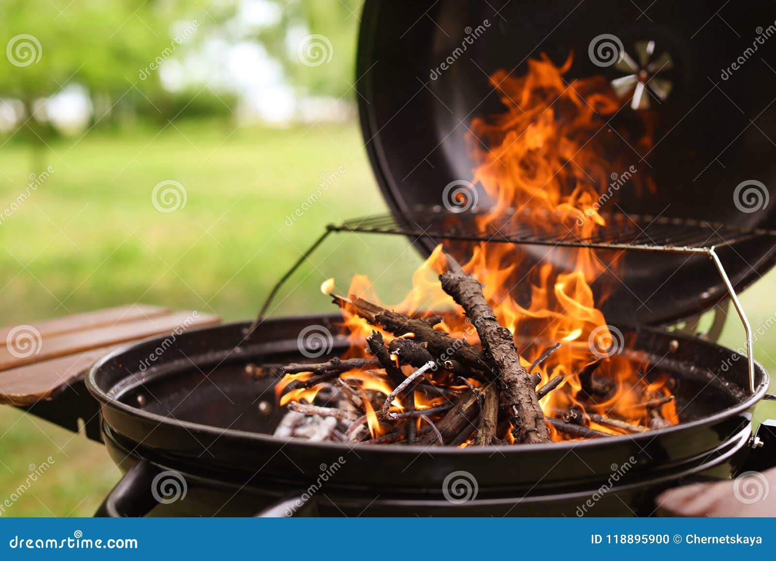 Modern Barbecue Grill with Fire Flames Stock Photo - Image of ...