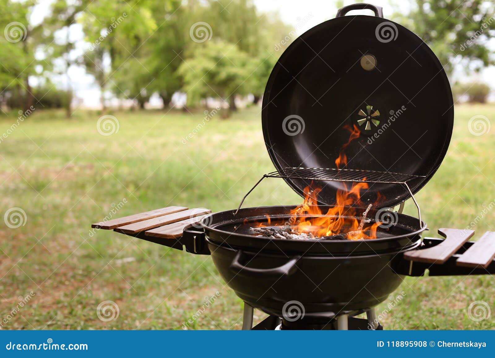 Modern Barbecue Grill with Fire Flames Stock Photo - Image of ...