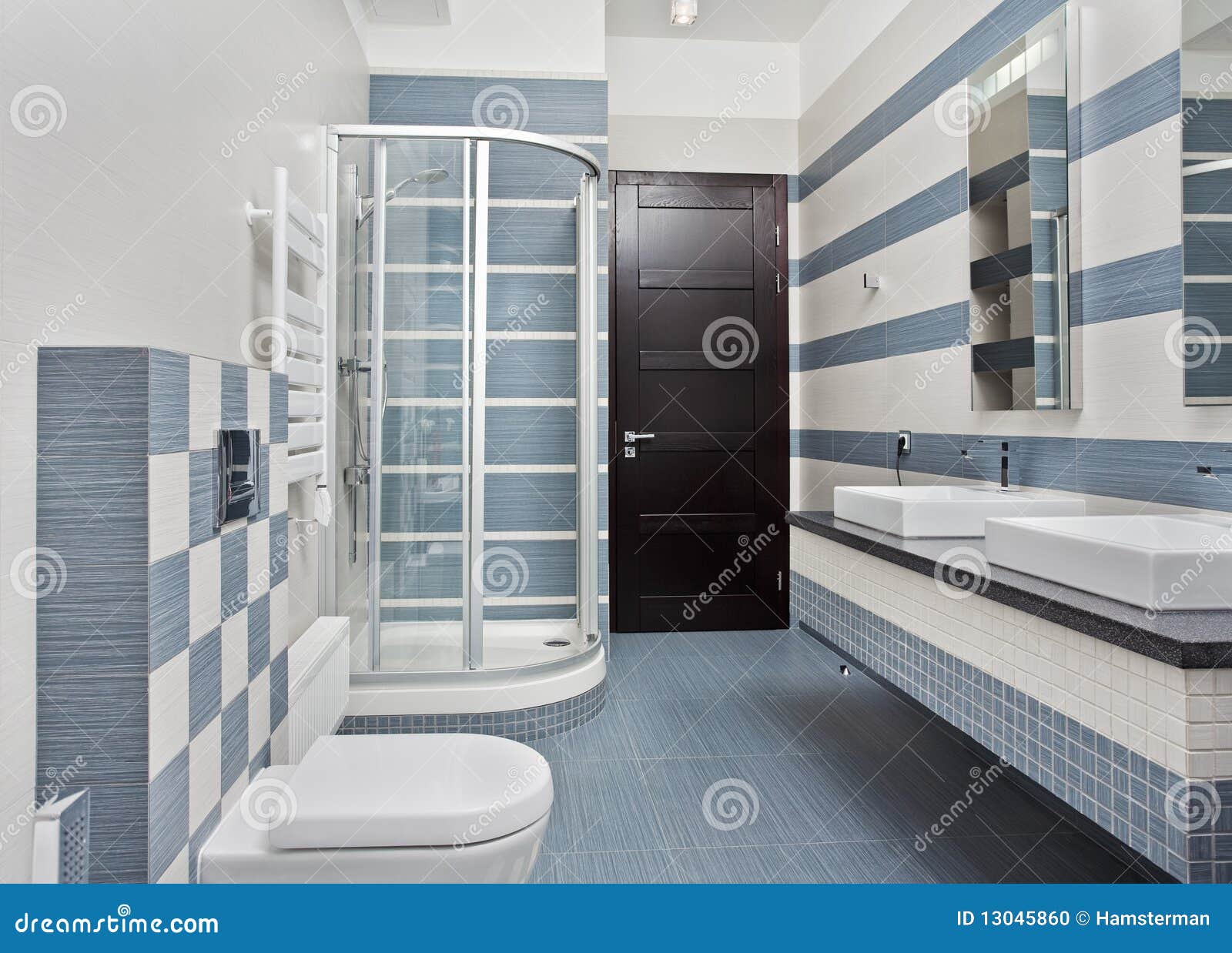 Modern Bathroom in Blue with Shower Cubicle Stock Photo - Image of ...