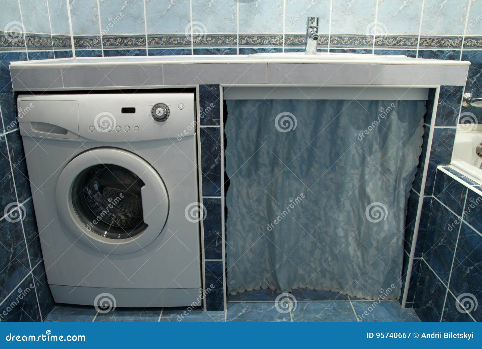 Modern Bathroom with Blue Tiles and Washing Machine Stock Image - Image ...