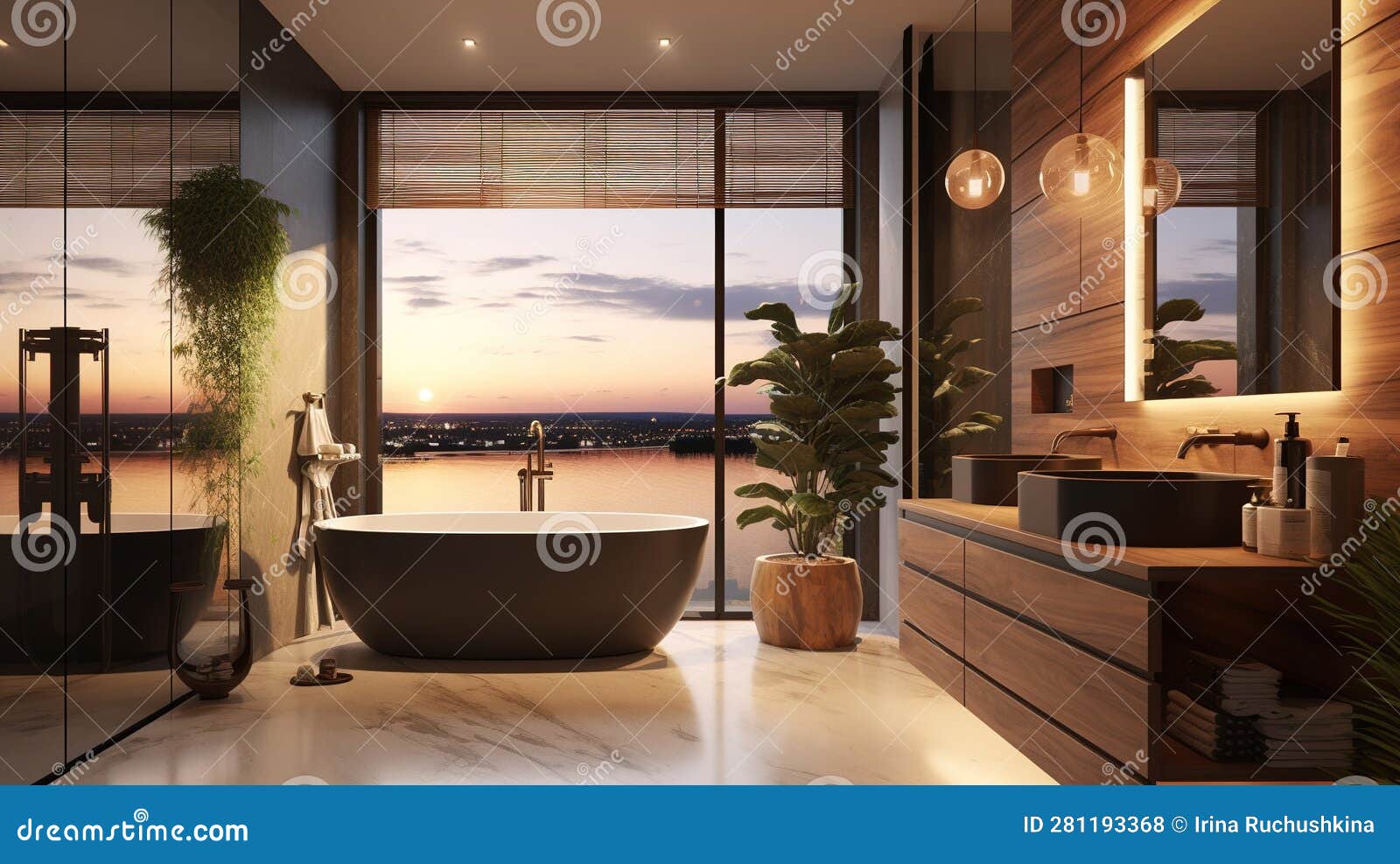 Modern Bathroom. Design with Panoramic Window. Generative AI Stock Illustration - Illustration ...