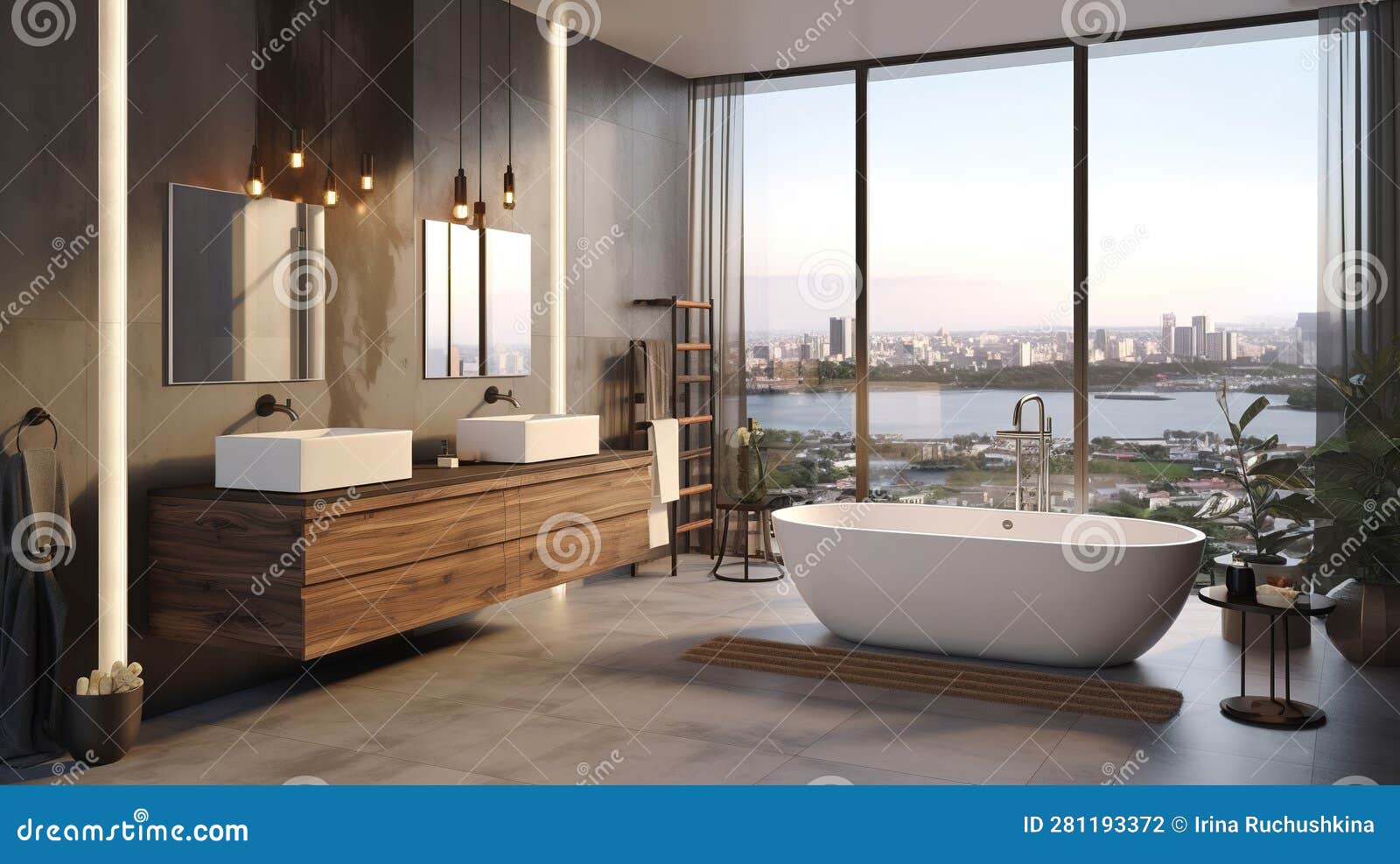 Modern Bathroom. Design with Panoramic Window. Generative AI Stock Illustration - Illustration ...