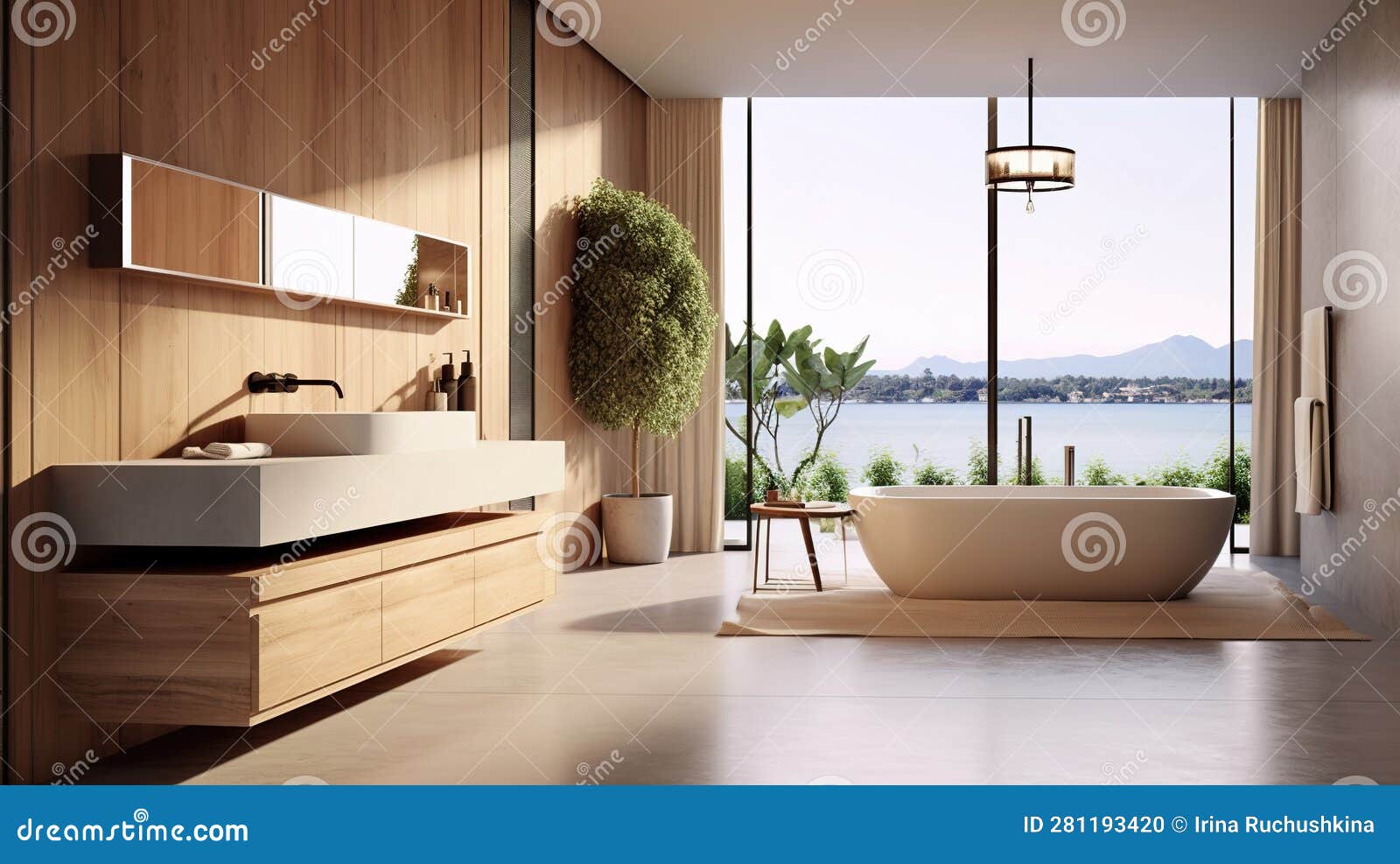 Modern Bathroom. Design with Panoramic Window. Generative AI Stock Illustration - Illustration ...