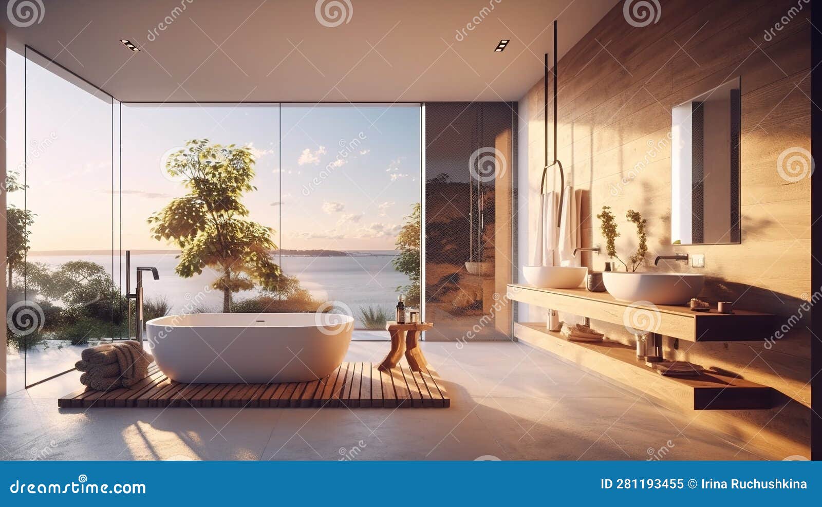 Modern Bathroom. Design with Panoramic Window. Generative AI Stock Illustration - Illustration ...