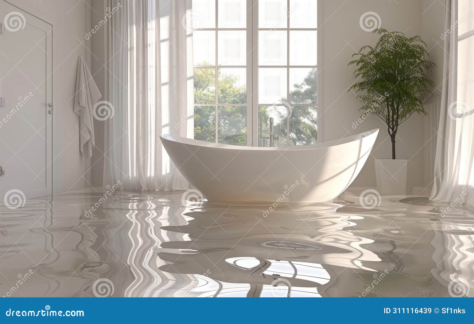 Modern Bathroom Experiencing a Flood Due To Water Overflow, Causing ...