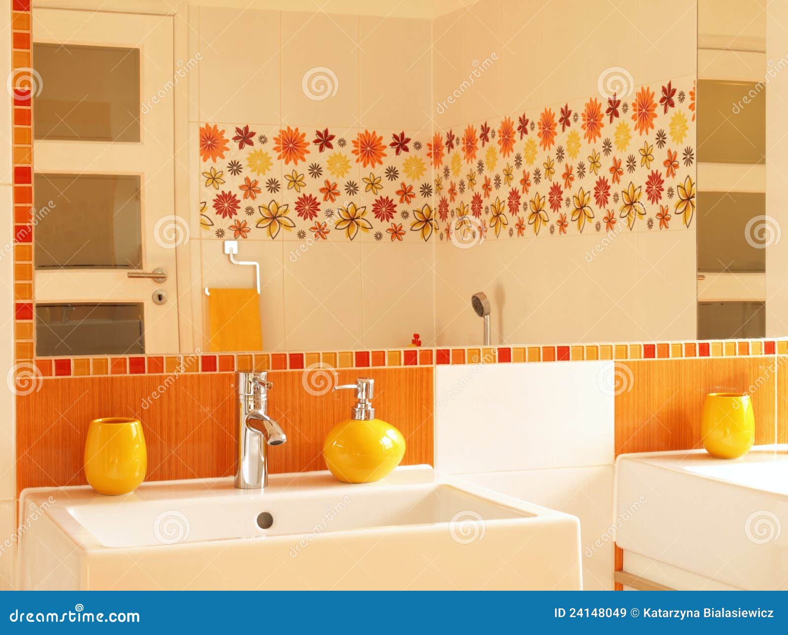 Modern Bathroom with Flower Decor Tiles Stock Image - Image of home ...