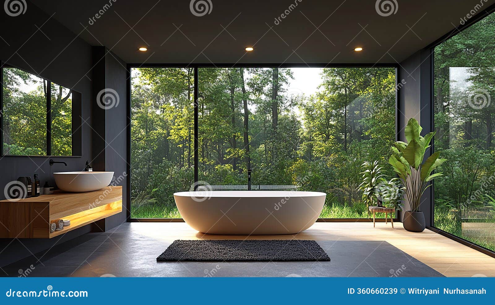 Modern Bathroom, Forest View, Relaxing Tub, Sunrise Stock Image - Image ...