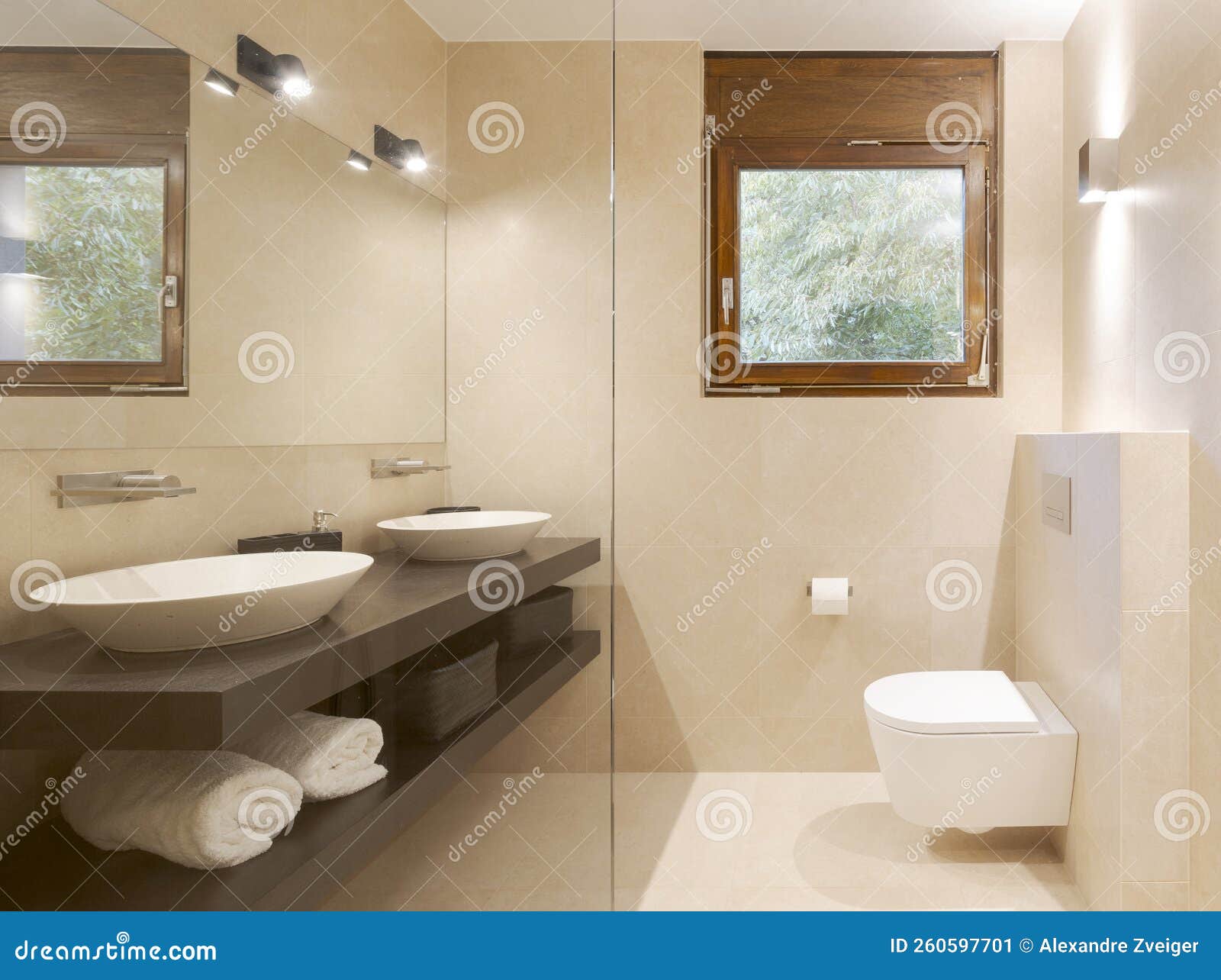 Modern Bathroom Front View with Large Light Marble Slabs. There are Two ...