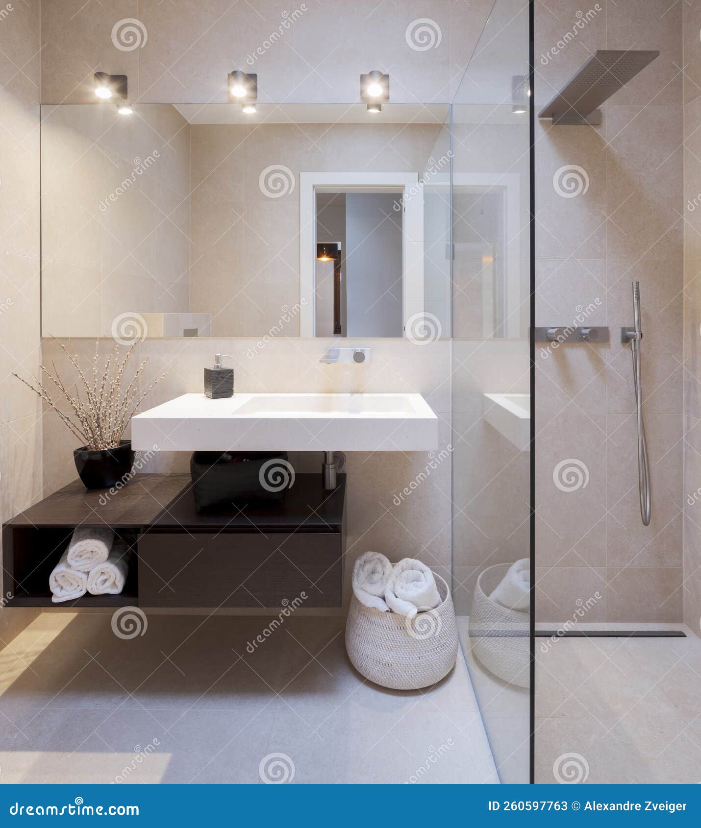 Modern Bathroom Front View with Large Light Marble Slabs. There are Two ...