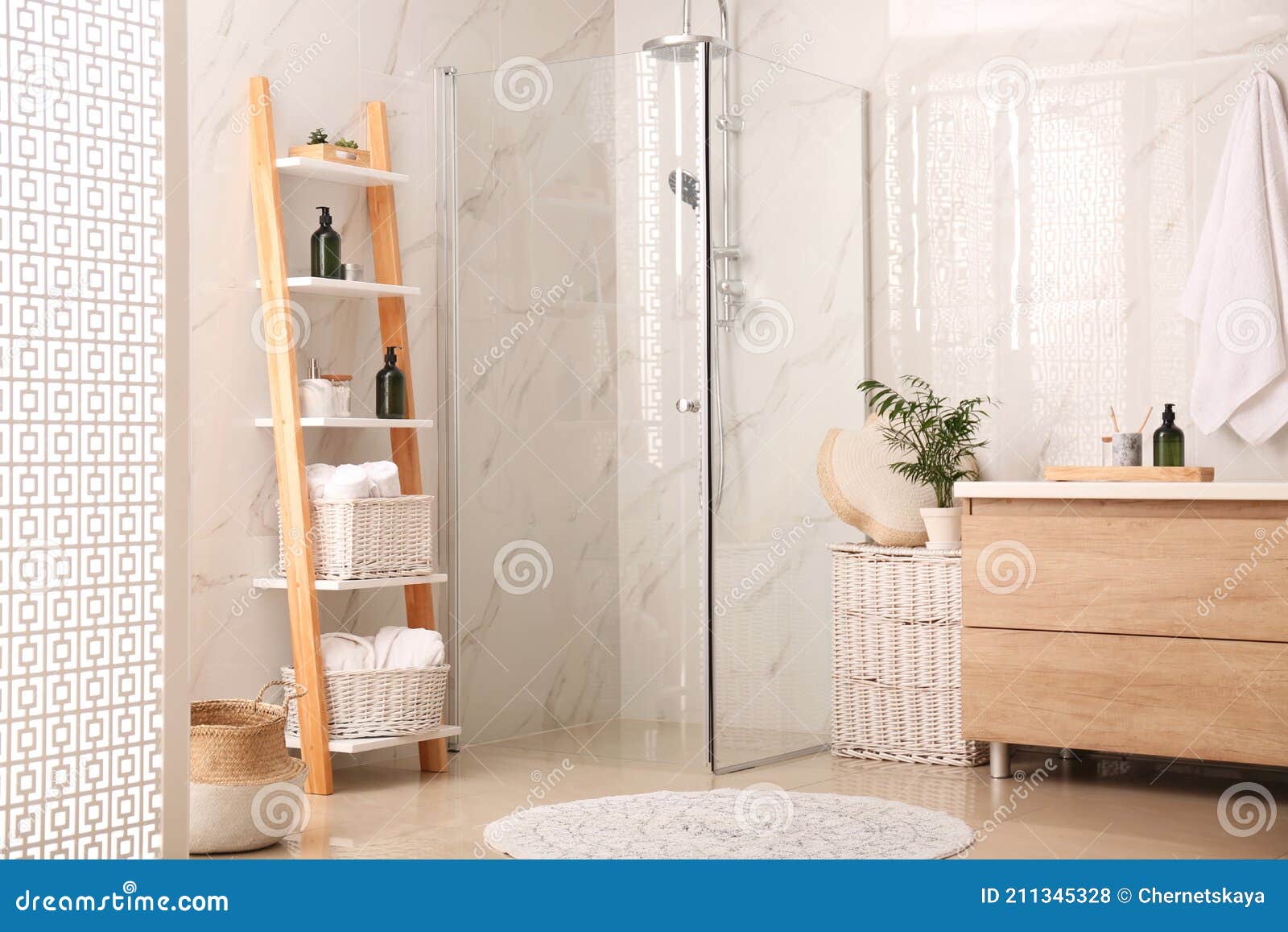 Modern Bathroom Interior with Decorative Ladder and Shower Stall Stock ...