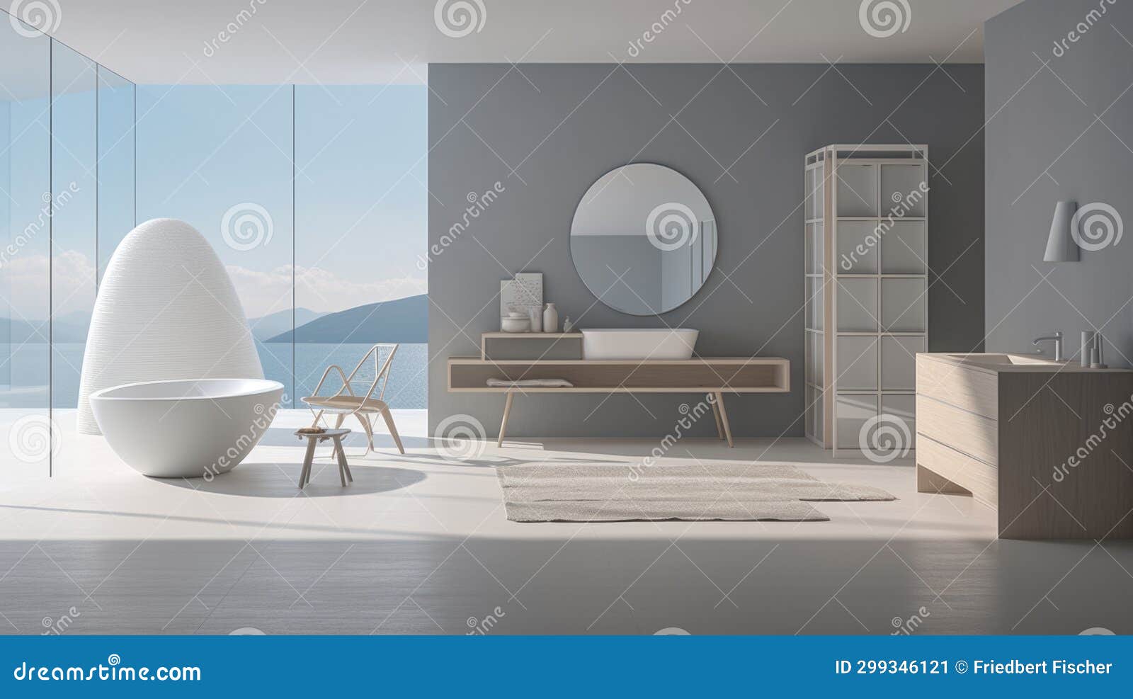 A Modern Bathroom with a Large Window Overlooking the Water Stock ...