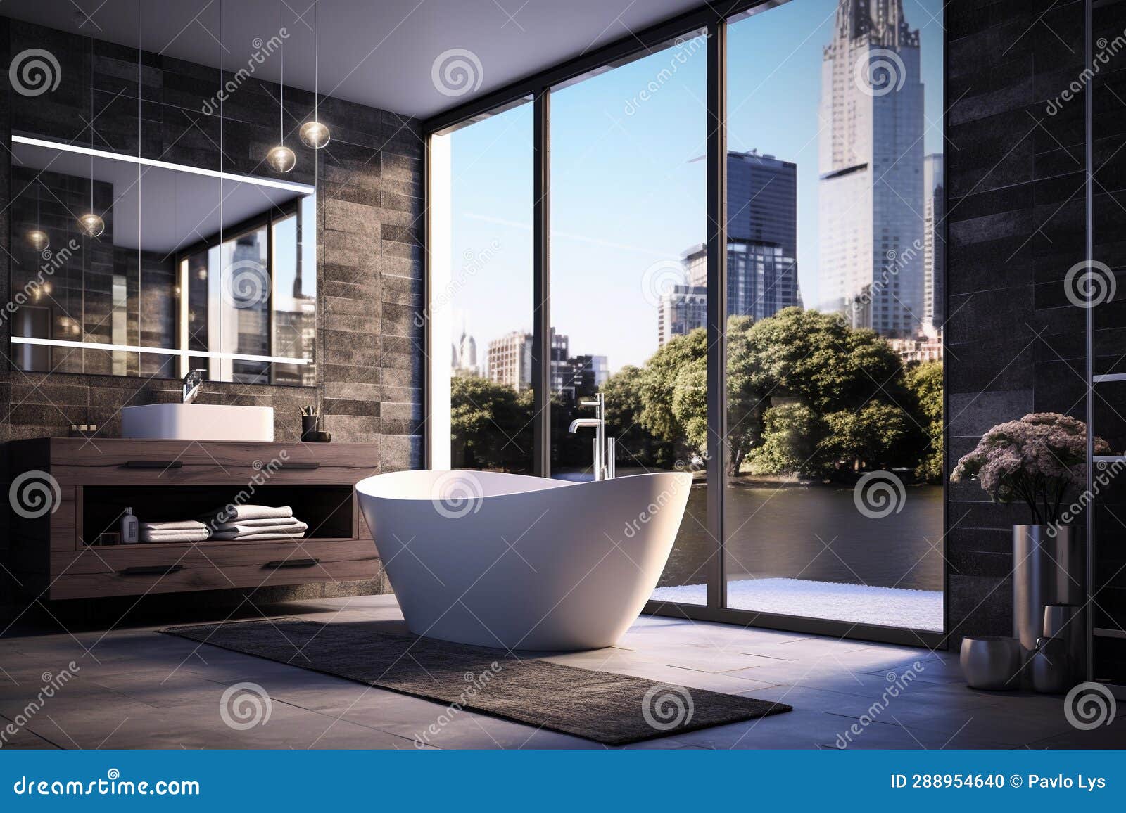 Modern Bathroom with Panoramic Windows Stock Illustration - Illustration of windows, indoor ...