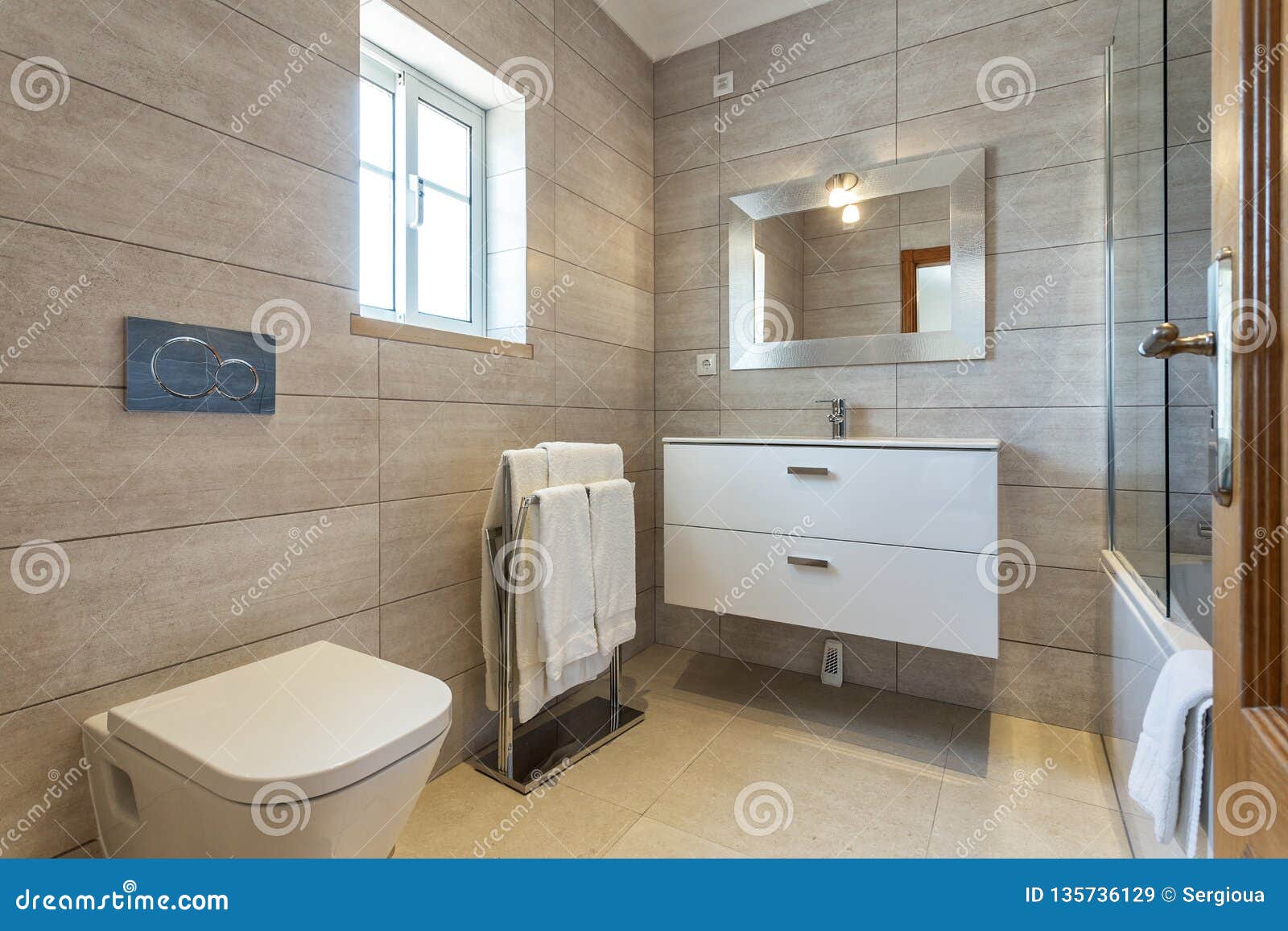 Modern Bathroom with Shower and Washbasin for Hygiene. Stock Image ...