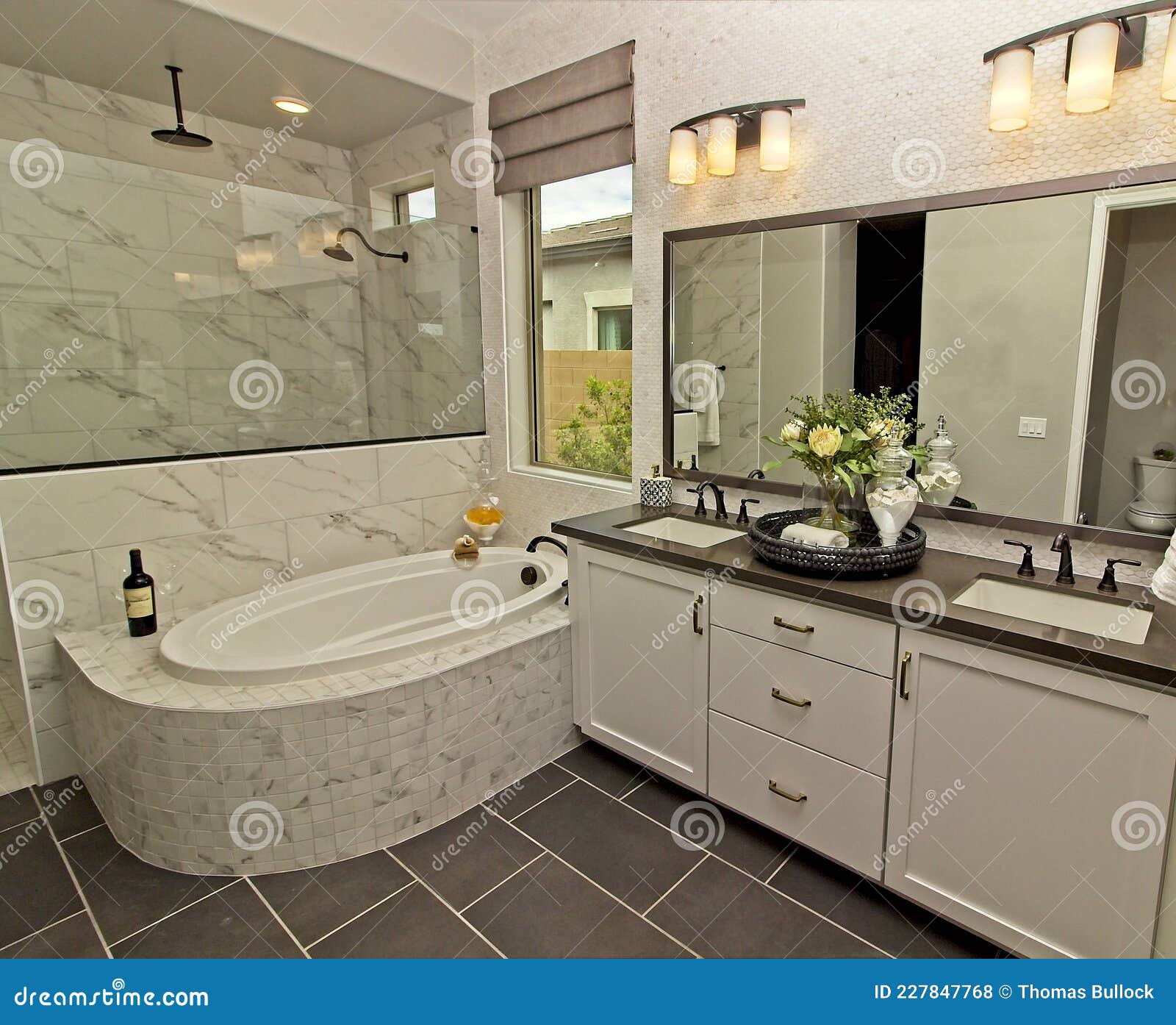 Modern Bathroom with Walk-in Shower and Raised Bath Tub Stock Photo ...