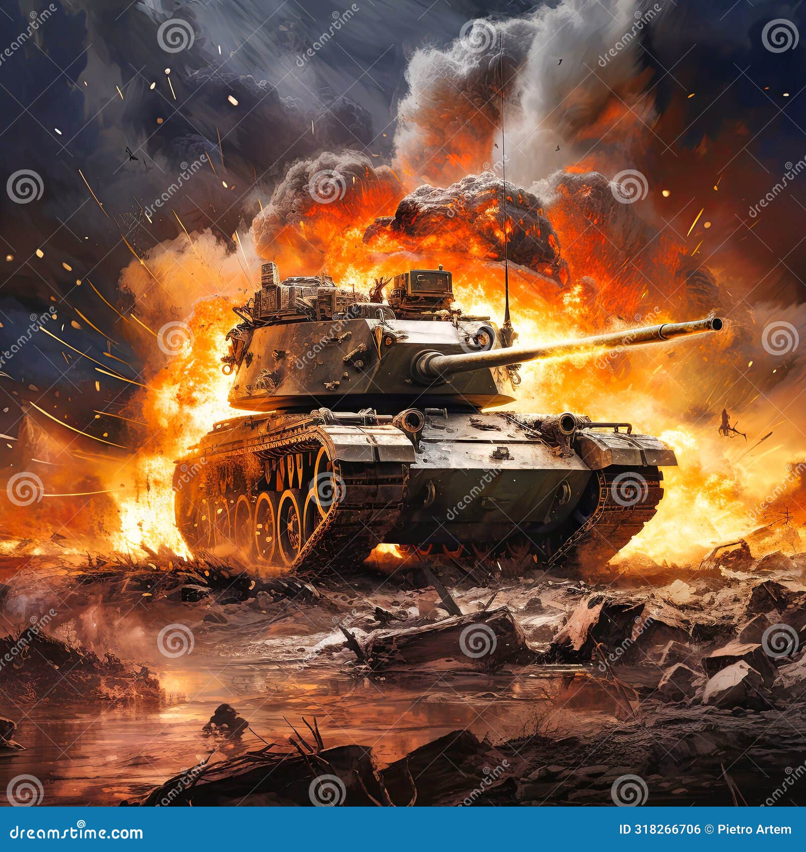 Modern battle tank on fire stock photo. Image of camouflage - 318266706