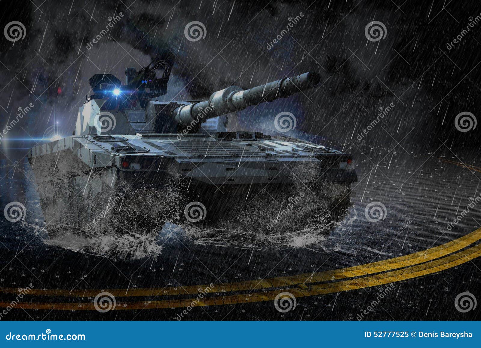 Modern Battle Tank Moving at Night in the Rain Stock Image - Image of ...