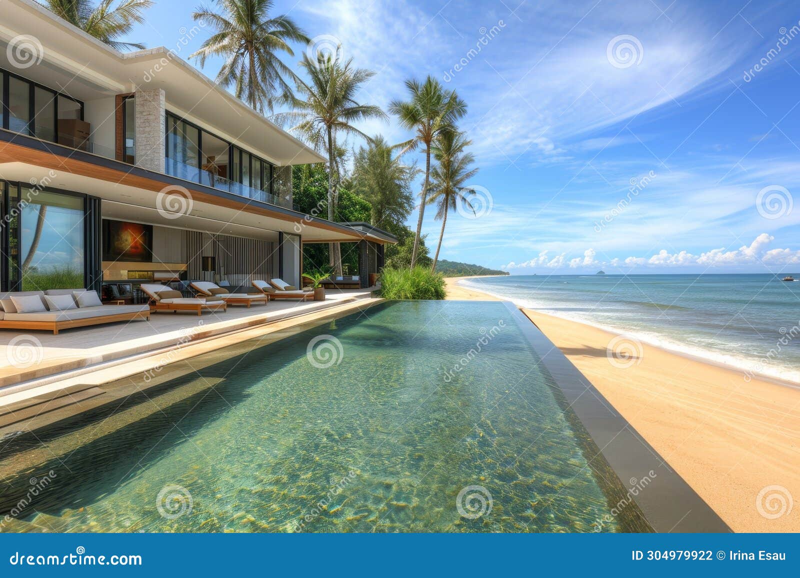 Modern Beach House with Infinity Pool Against Ocean Backdrop. Stock ...