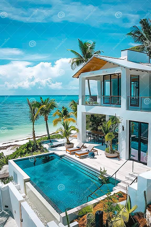 A Modern Beach House with a Pool and Palm Trees Stock Photo - Image of ...