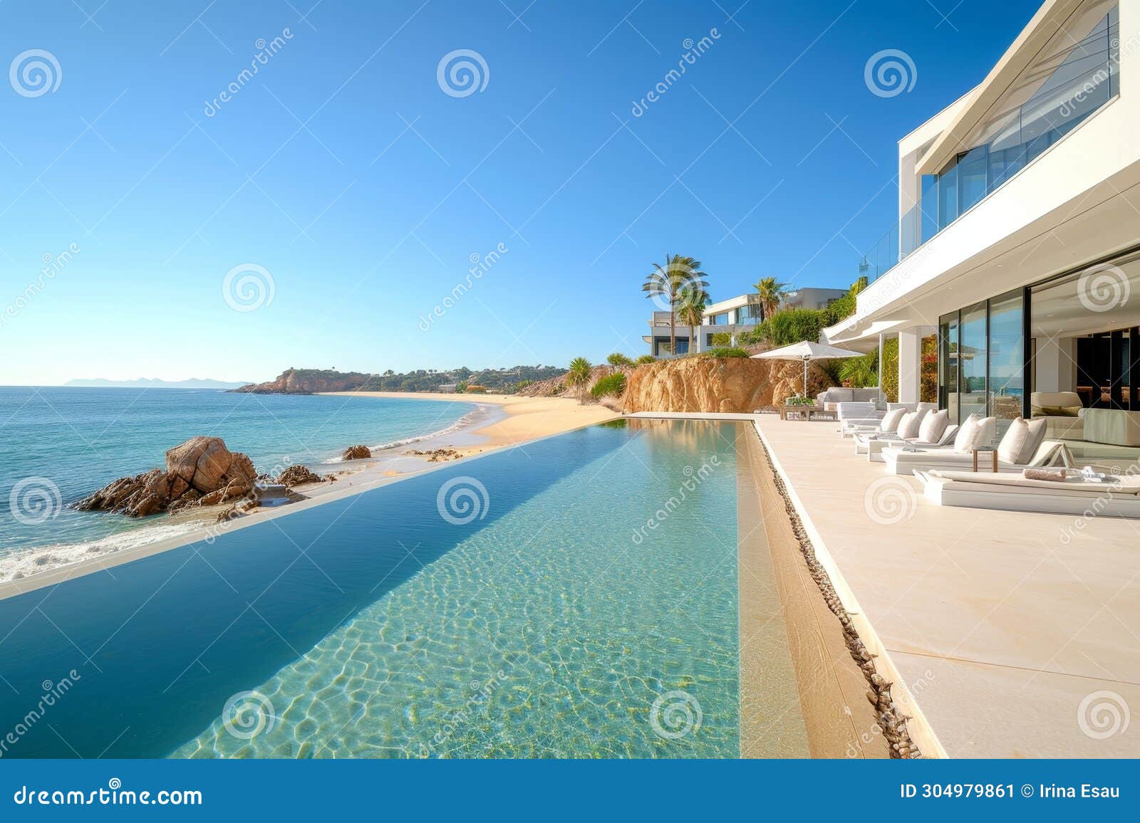 Modern Beachfront House with Pool on Ocean Shore. Stock Image - Image ...