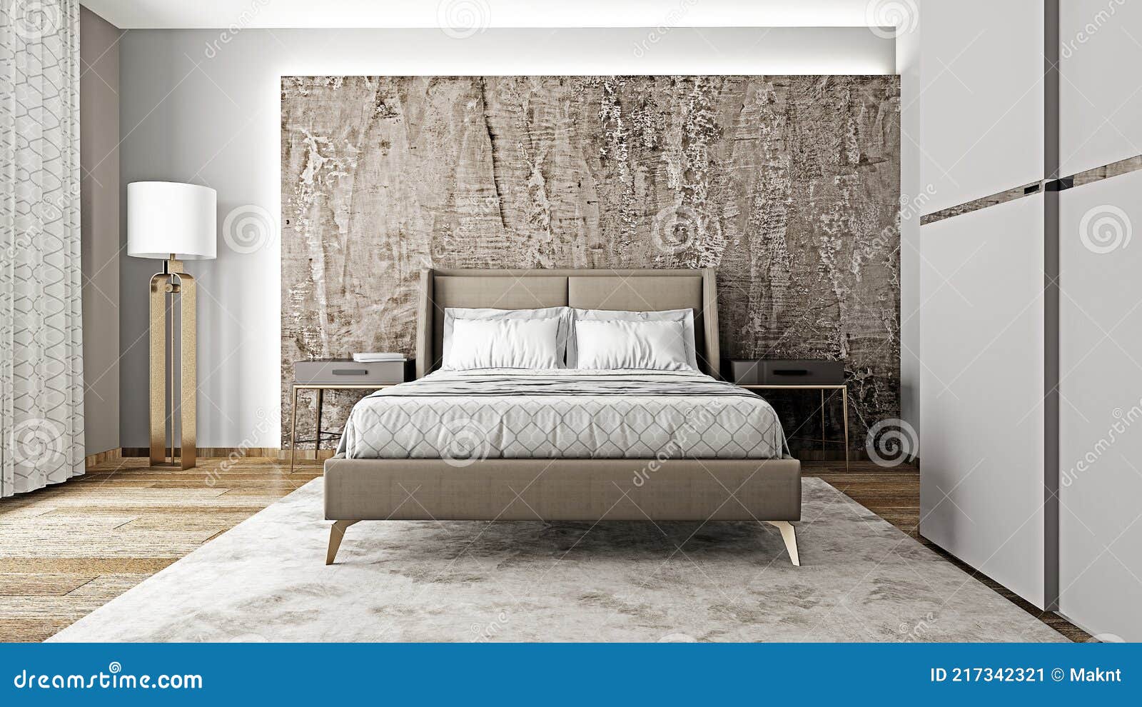 Modern Bed in an Empty Room 3D Rendering Stock Illustration ...