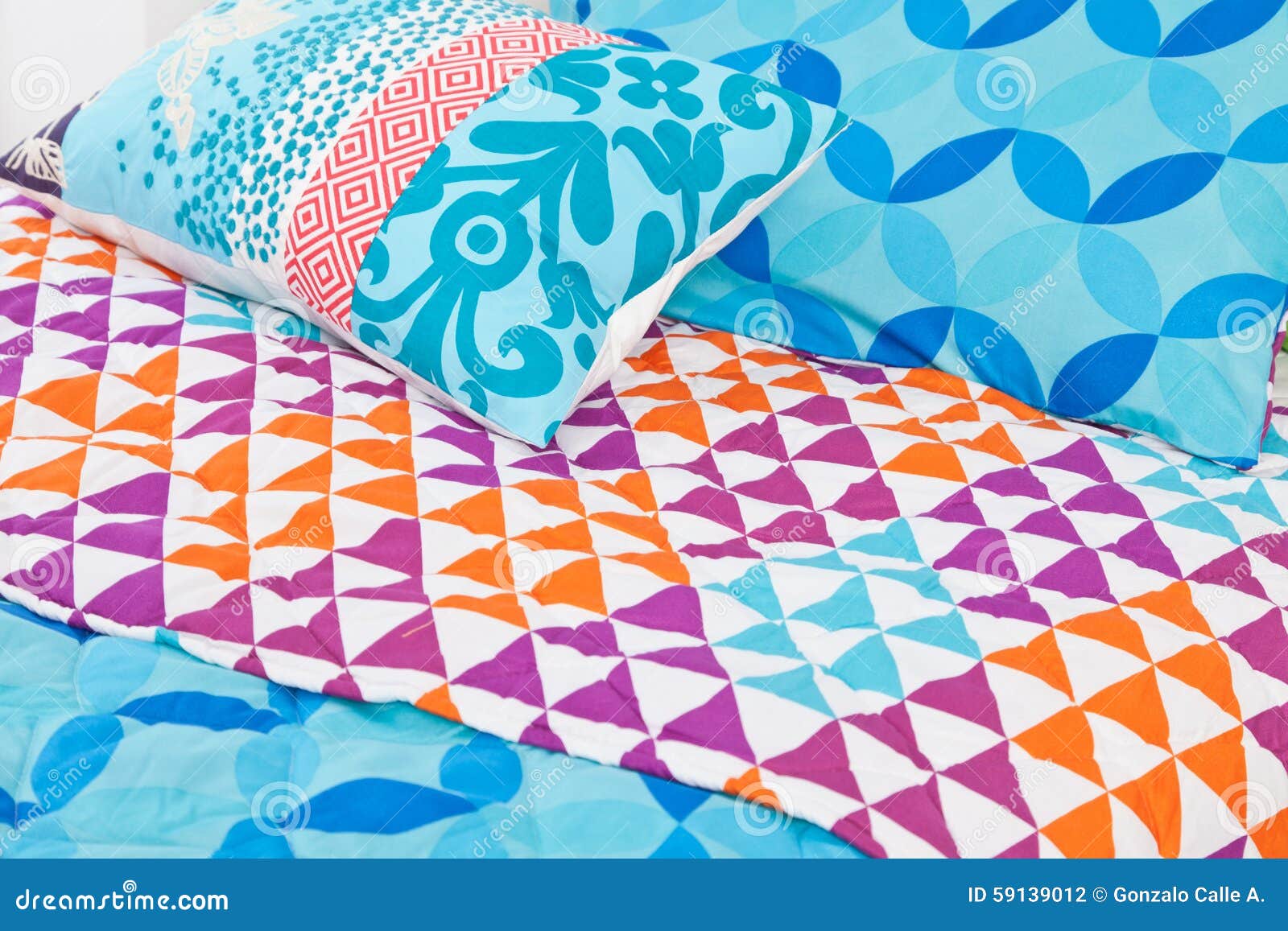 Modern Bedding Set with Geometric Shapes Stock Photo - Image of ...