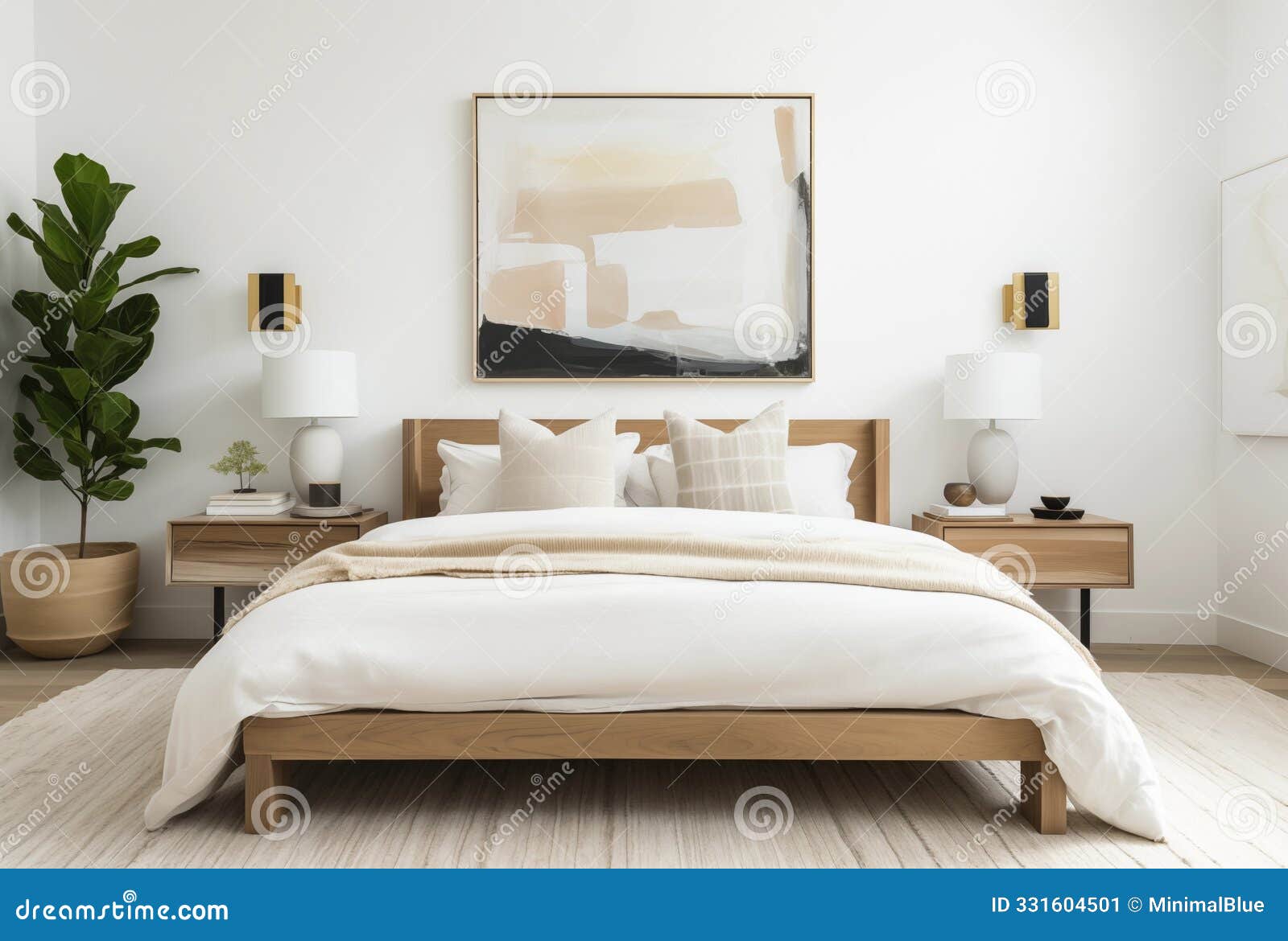 Modern Bedroom with Abstract Art and Wooden Bed Frame Stock ...