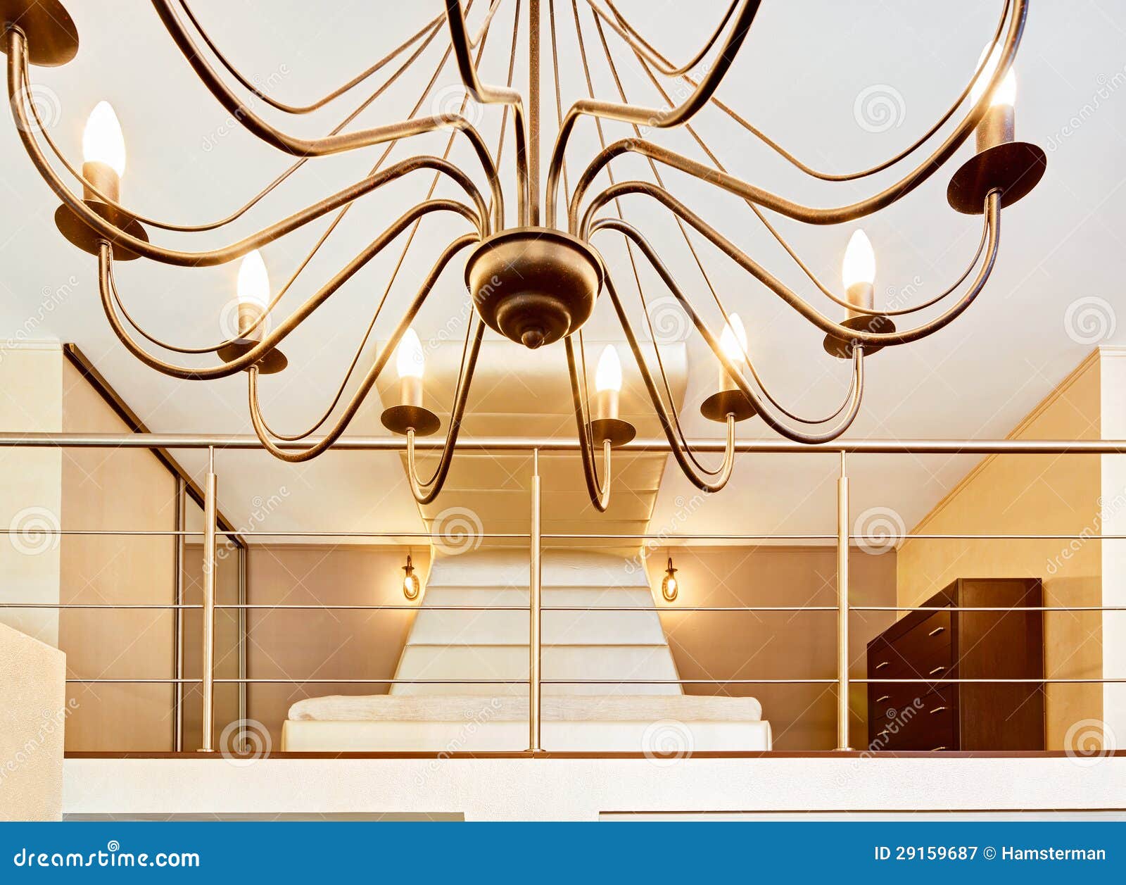 Modern Bedroom through Chandelier View Stock Image - Image of hardwood ...