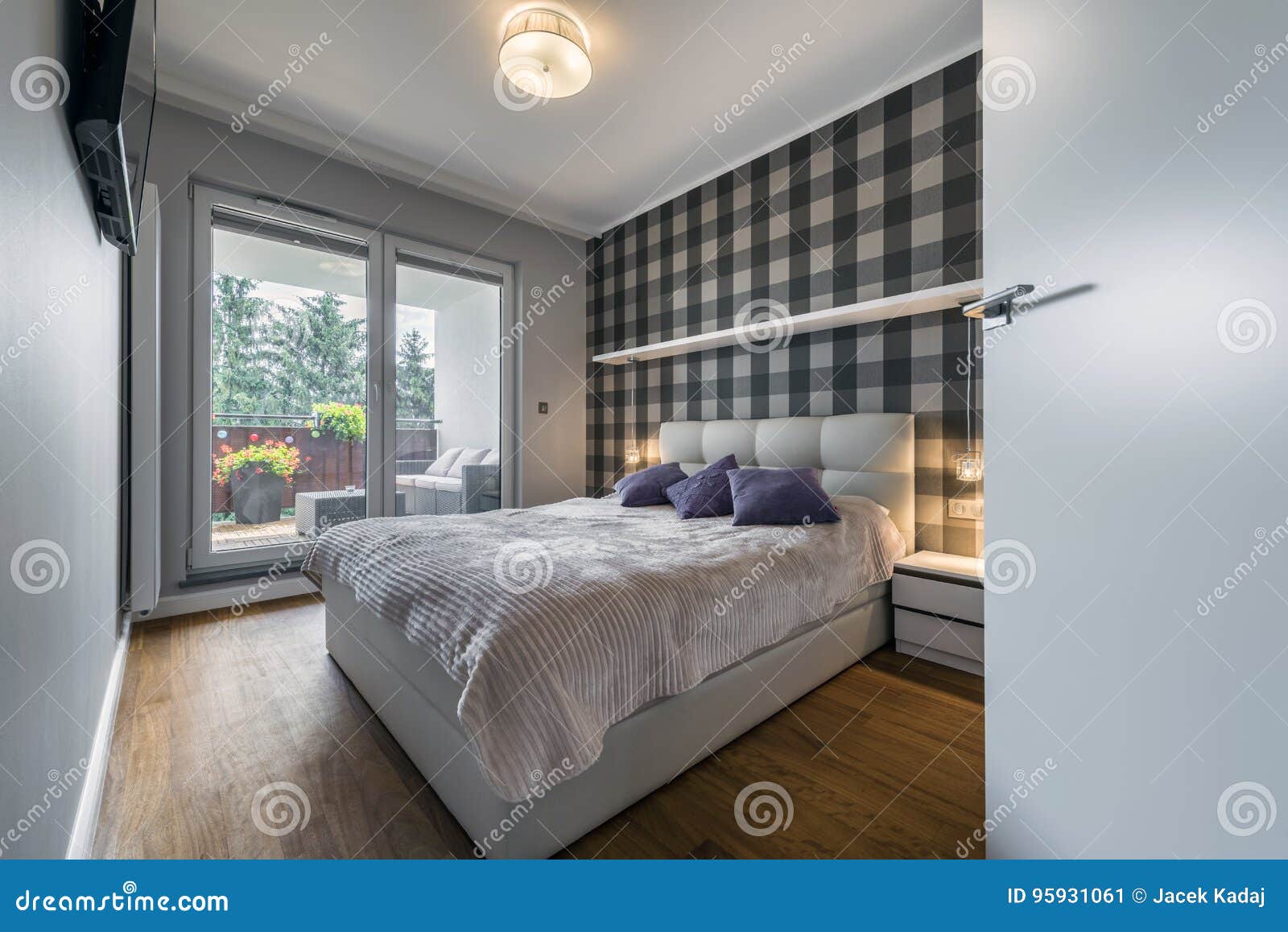 Modern Bedroom with Checker Pattern Stock Image - Image of light ...