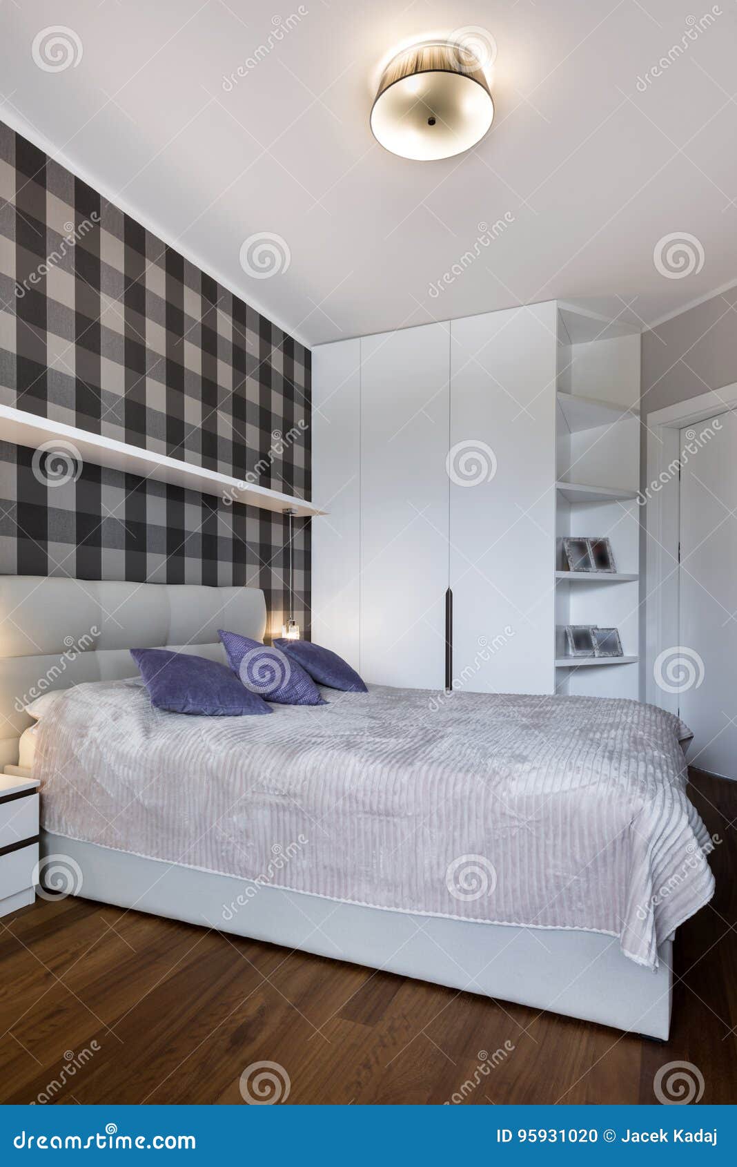 Modern Bedroom with Checker Pattern Stock Photo - Image of indoor ...