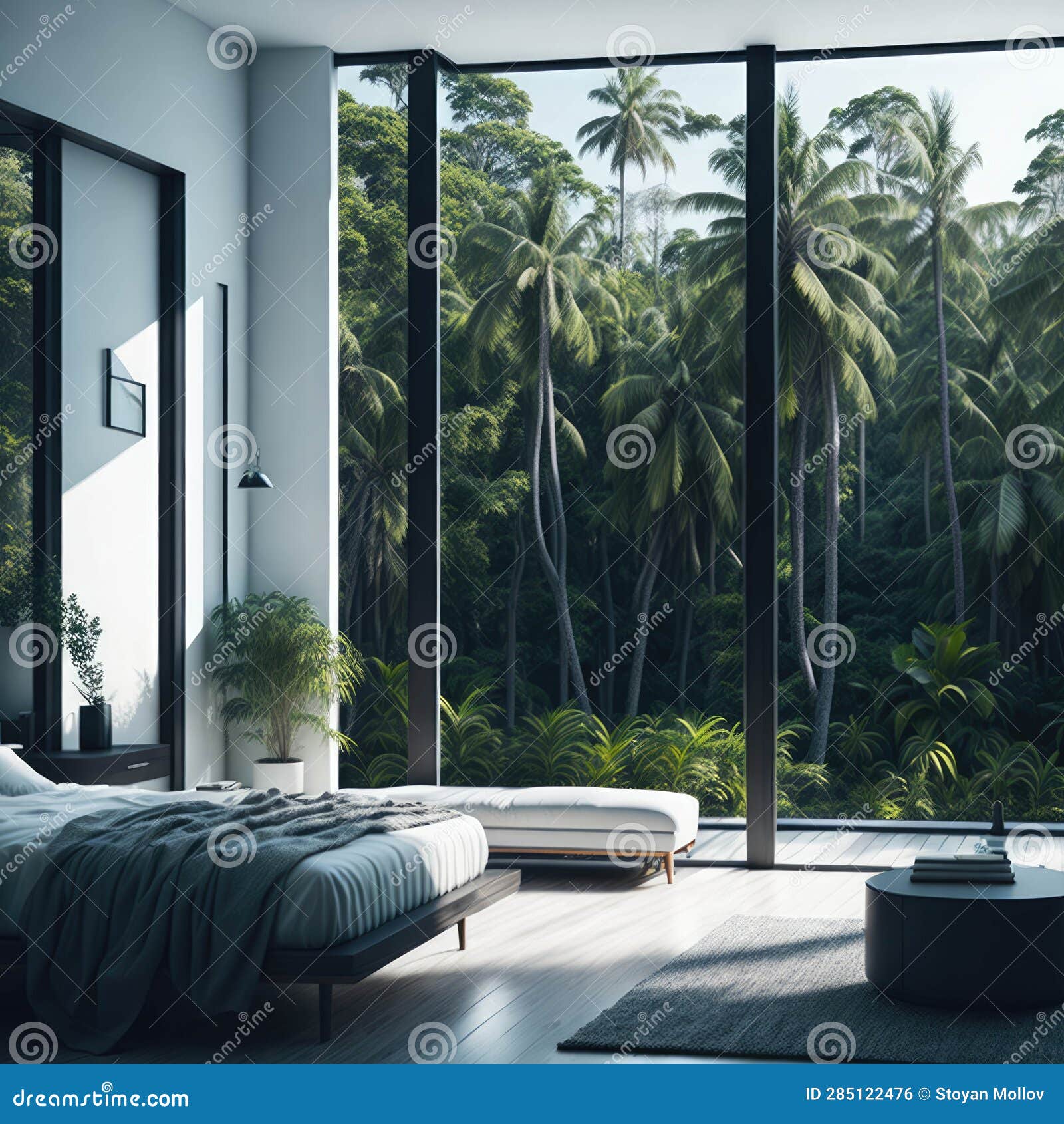 Modern Bedroom Design with Big Panoramic Windows, Tropical Rainforest ...