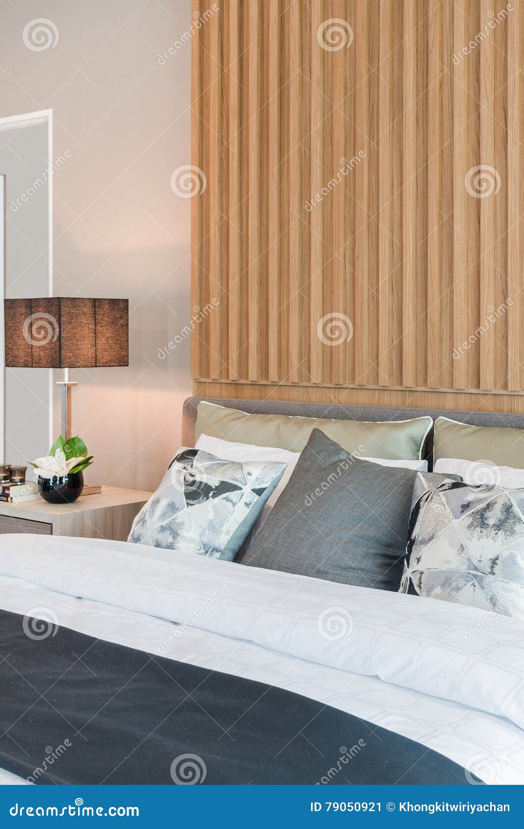 Modern Bedroom Design with Decorated Wooden Panel Stock Image - Image ...