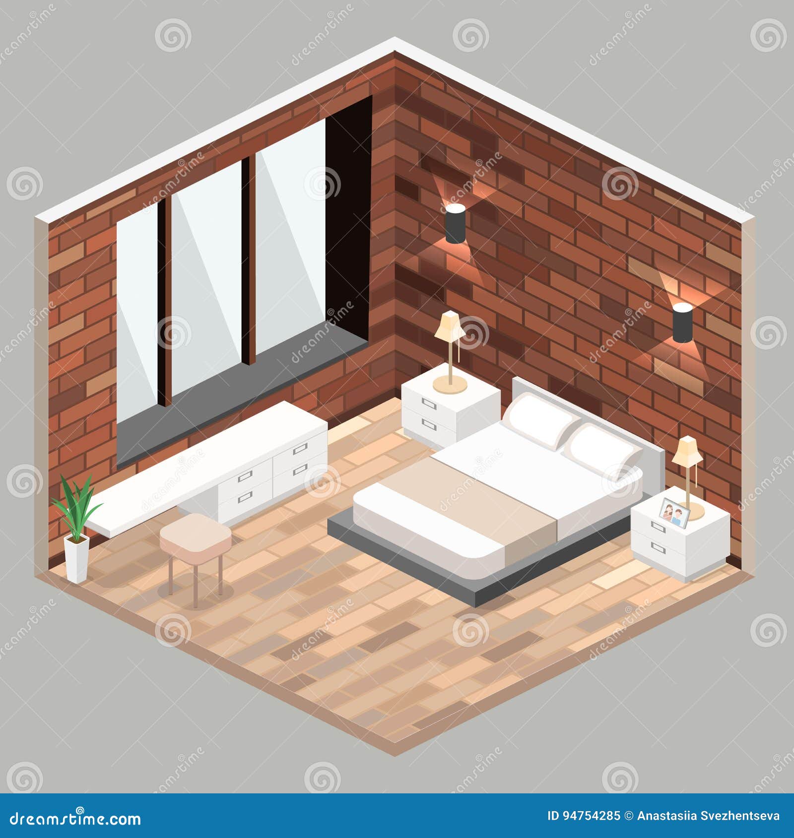 Modern Bedroom Design in Isometric Style. Stock Vector - Illustration ...