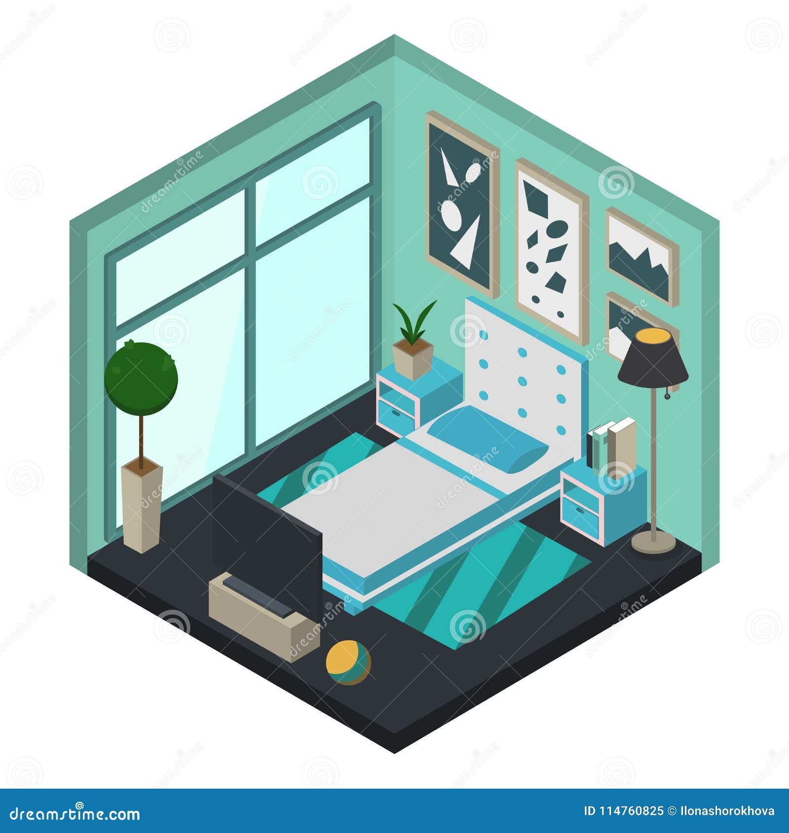 Modern Bedroom Design in Isometric Style. Flat Vector Illustration ...