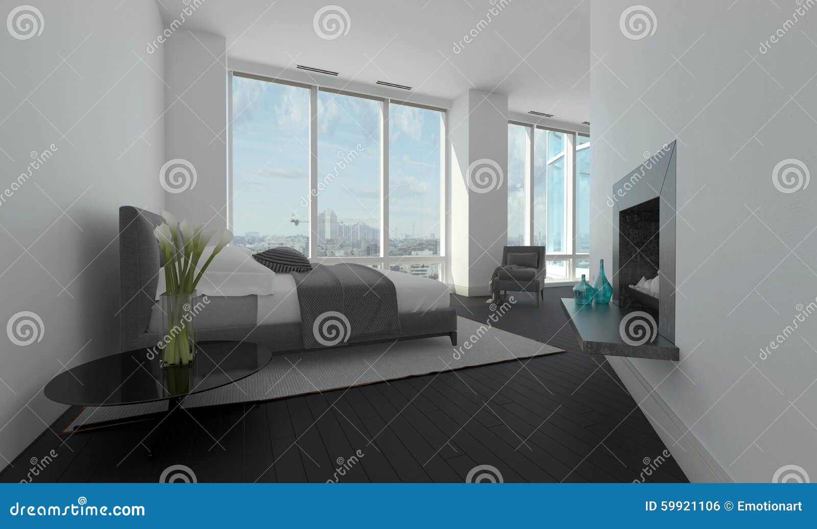 Modern Bedroom Interior in an Angled Room Stock Photo - Image of plan ...