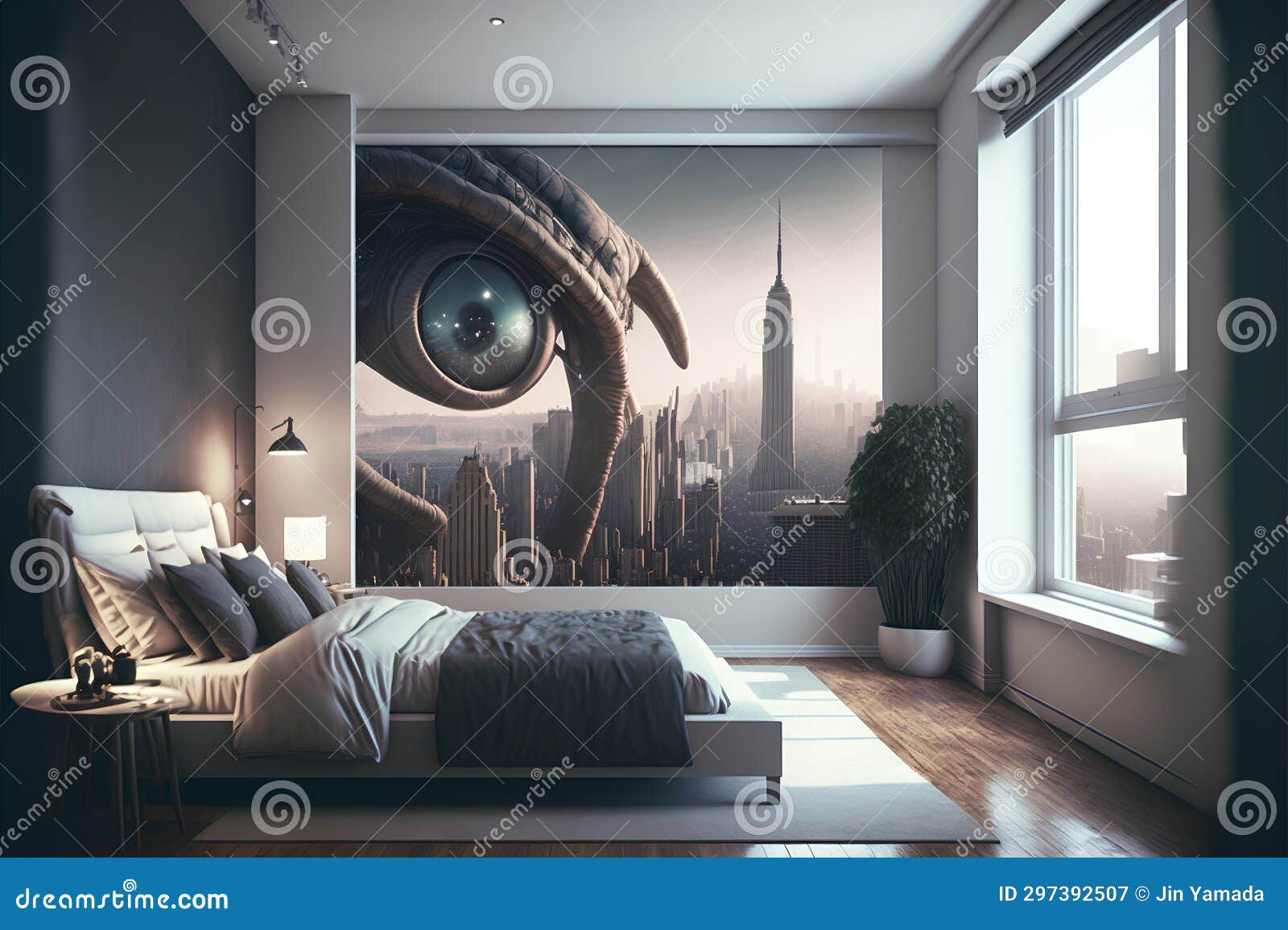 Modern Bedroom Interior with City View and CCTV Camera. 3D Rendering ...