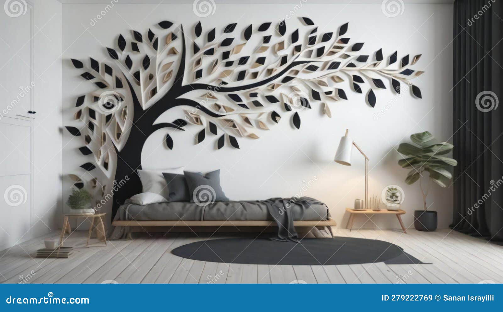A Modern Bedroom Interior Design with a Big Tree. Generative Ai Stock ...