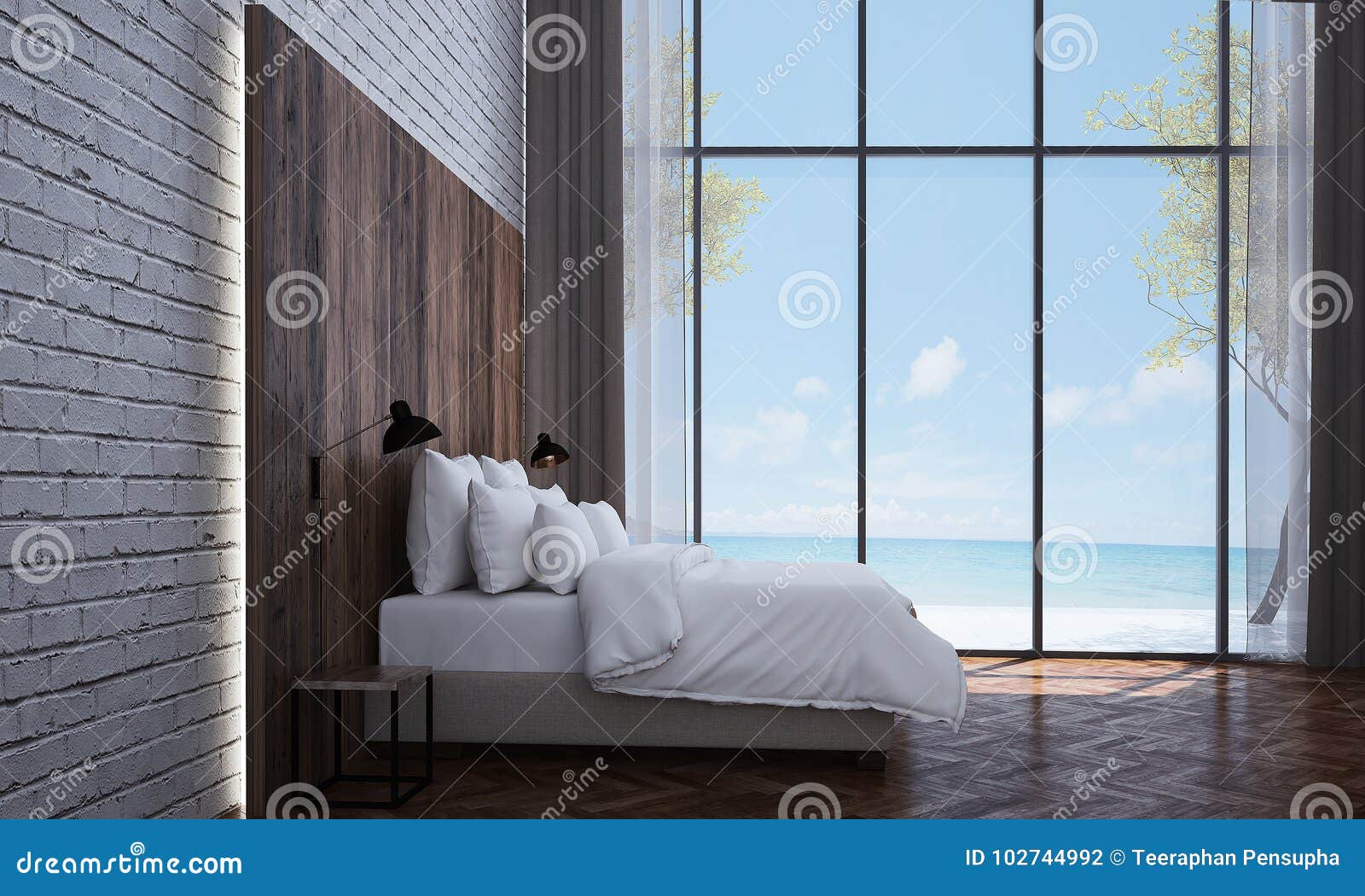 The Modern Bedroom Interior Design and Brick Wall Texture Background ...