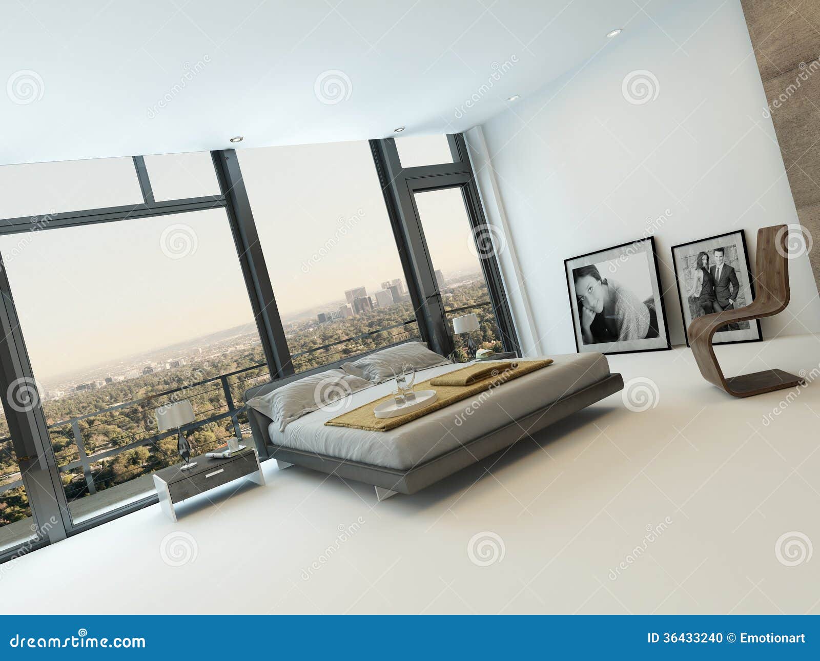 Modern Bedroom Interior with Huge Windows Stock Photo - Image of ...