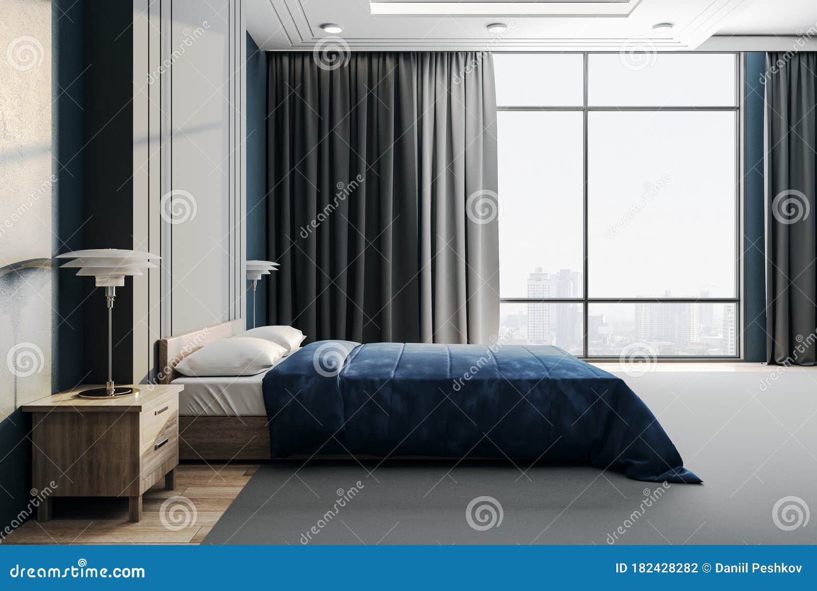 Modern Bedroom Interior with Panoramic City View Stock Illustration ...