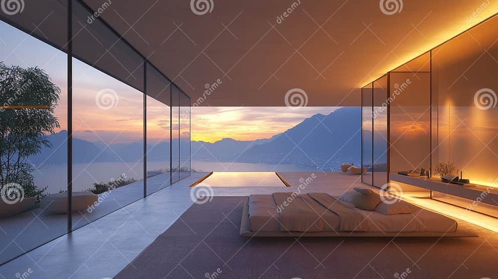 Modern Bedroom with Mountain View and Infinity Pool Stock Illustration ...