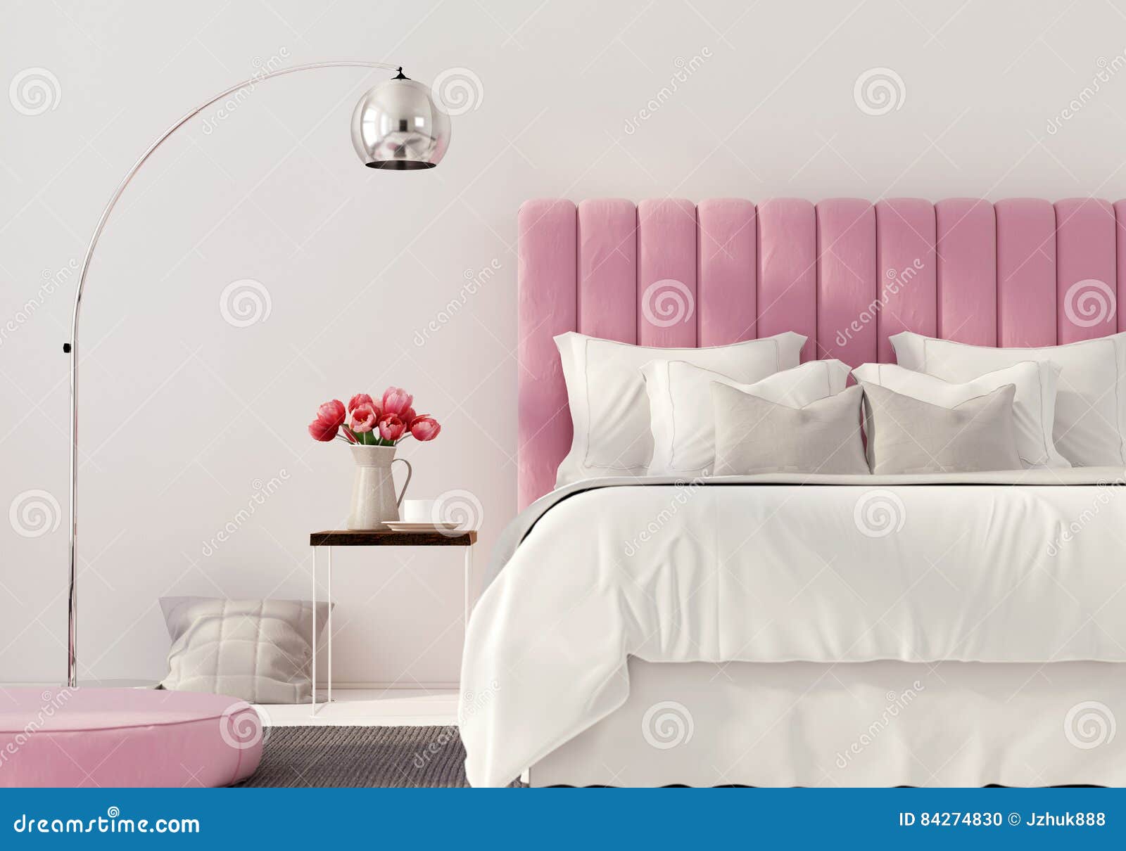 Modern Bedroom with Pink Bed Stock Illustration - Illustration of pouf ...